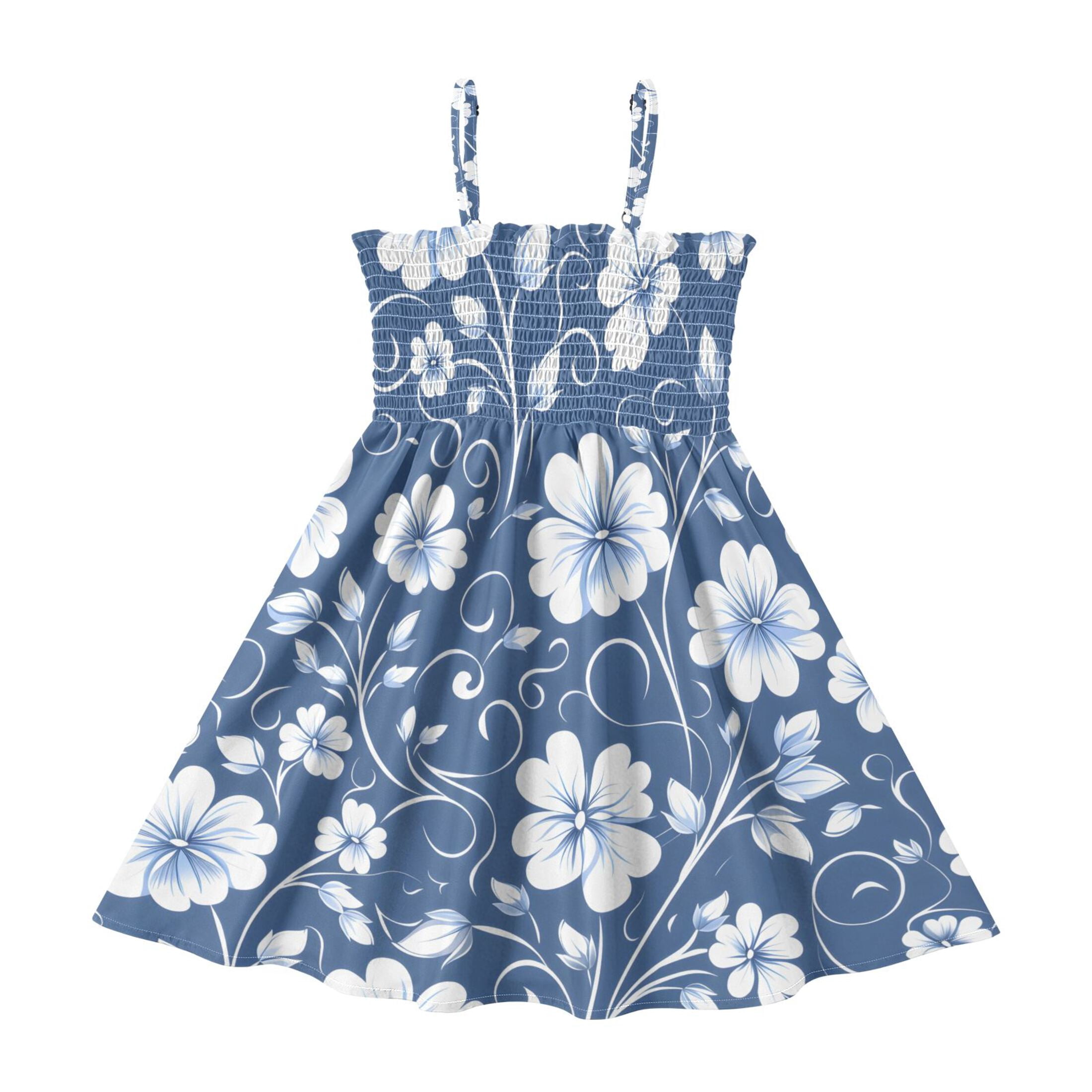 Blue and White Flowers Pattern Girls' Casual Dresses 2Y-8Y Sleeveless ...