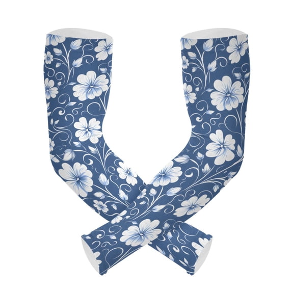 Blue and White Flowers Pattern UV Protection Cooling Arm Sleeves ...