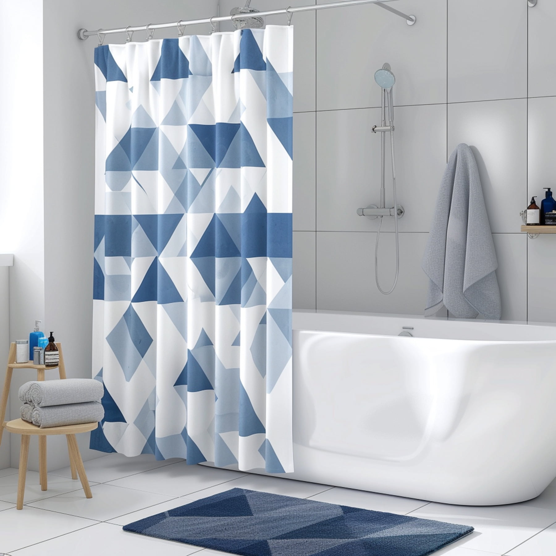 Blue and White Geometric Triangle Shower Curtain Modern Art Nouveau ...