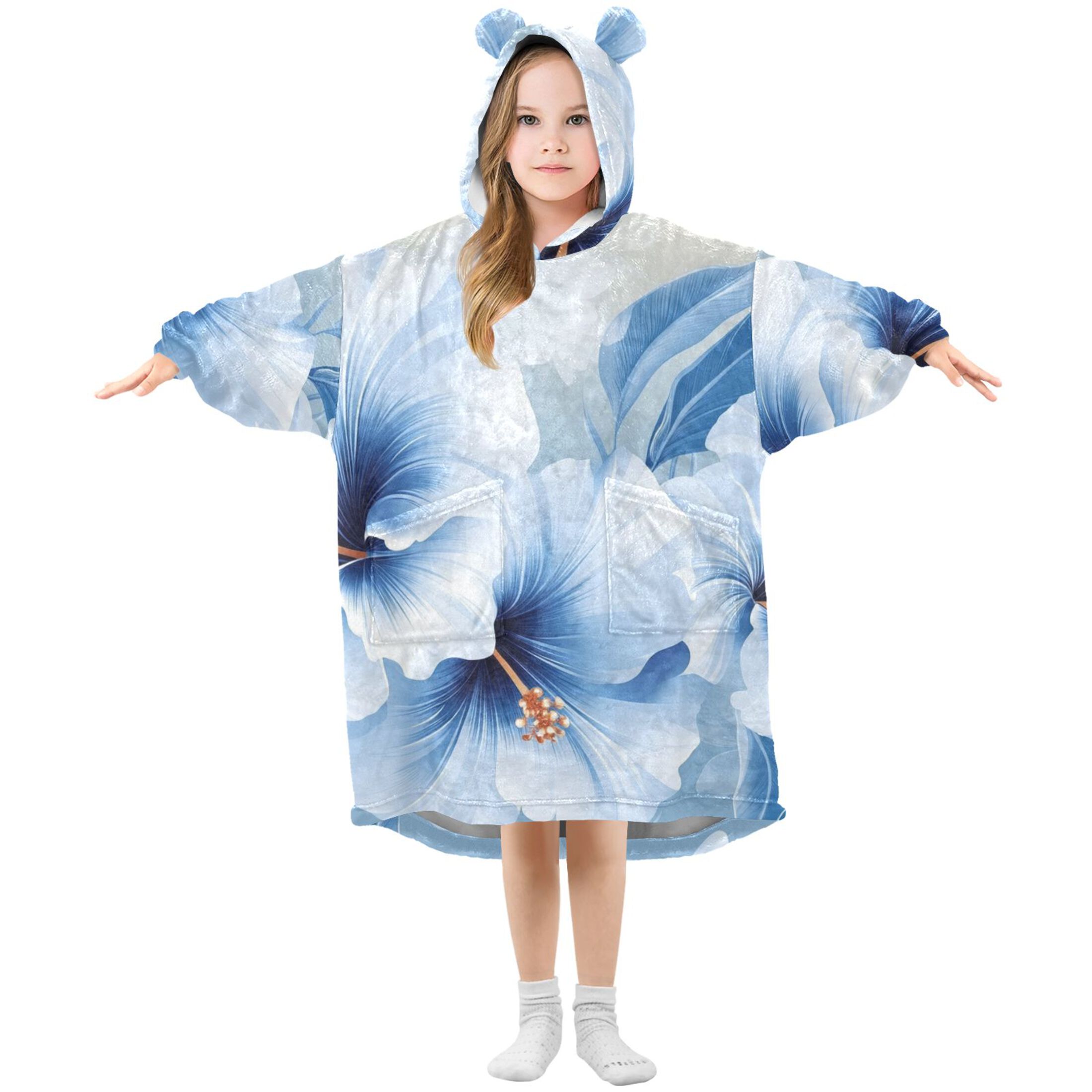 Blue and White Hawaiian Style Floral Flannel Wearable Blankets Hooded ...