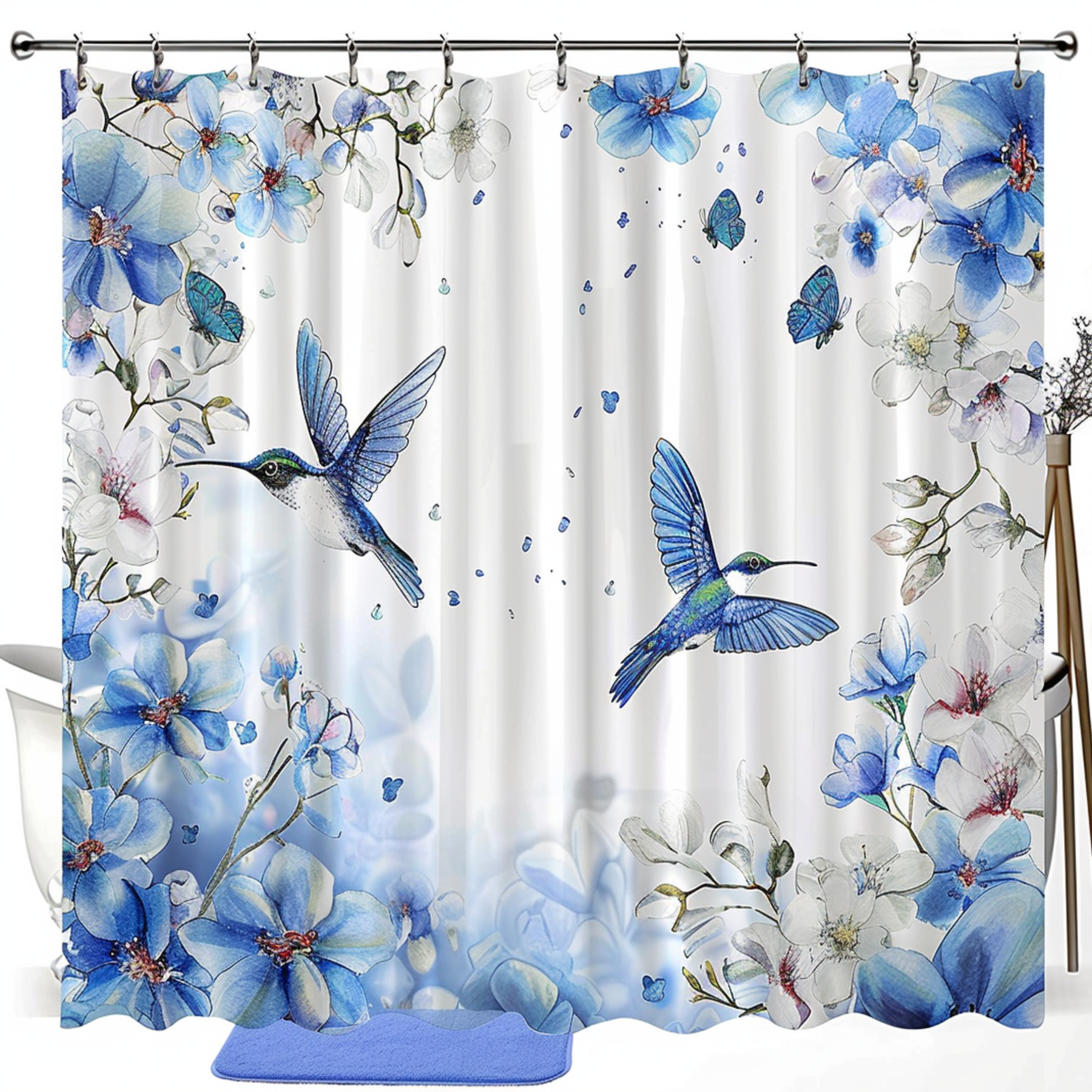Blue And White Hummingbirds Butterflies Flowers Bathroom Decor Shower