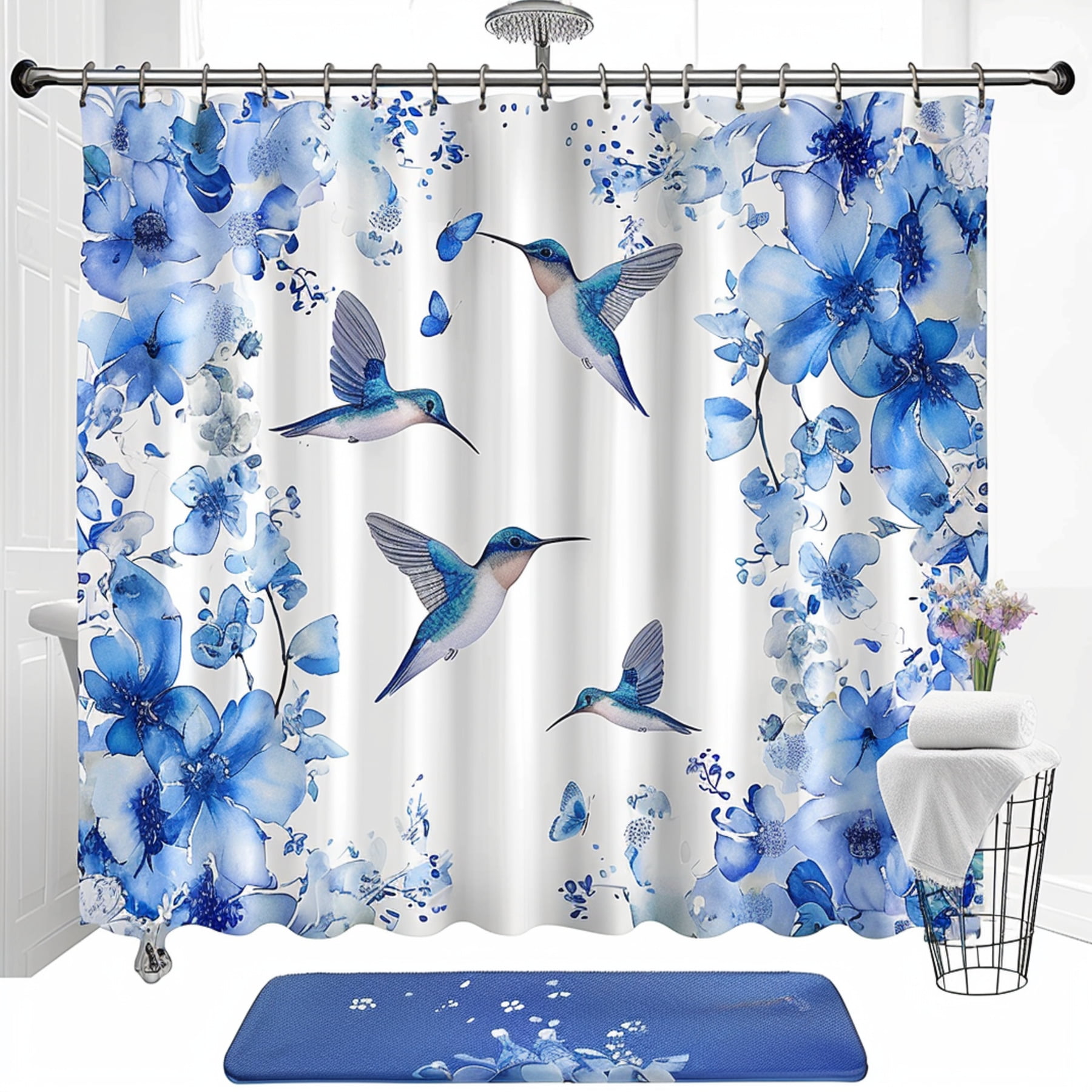 Blue And White Hummingbirds And Butterflies Shower Curtain Set With