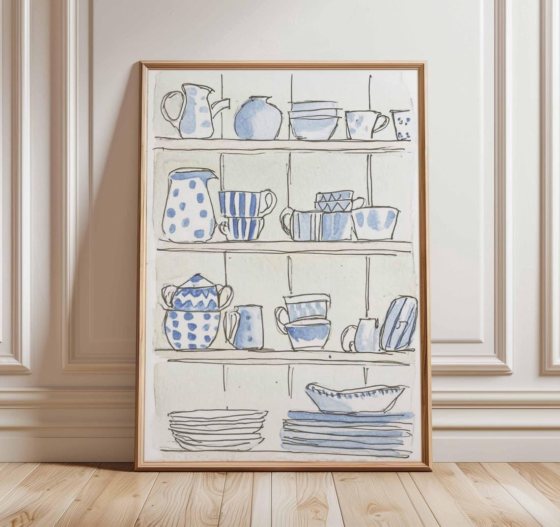 Blue and White Kitchen Shelf Art Country Cottage Rustic Farmhouse ...