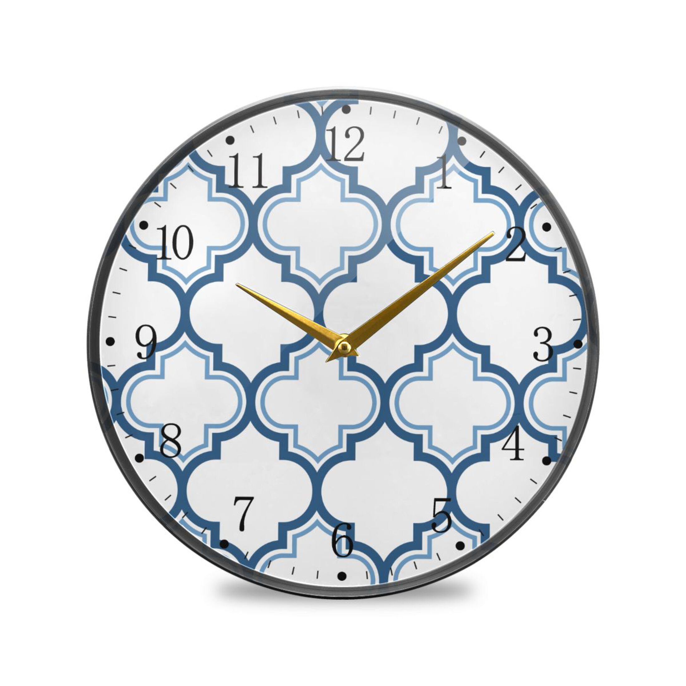 Blue and White Lattice Acrylic Wall Clocks Quiet Round Clock Battery ...