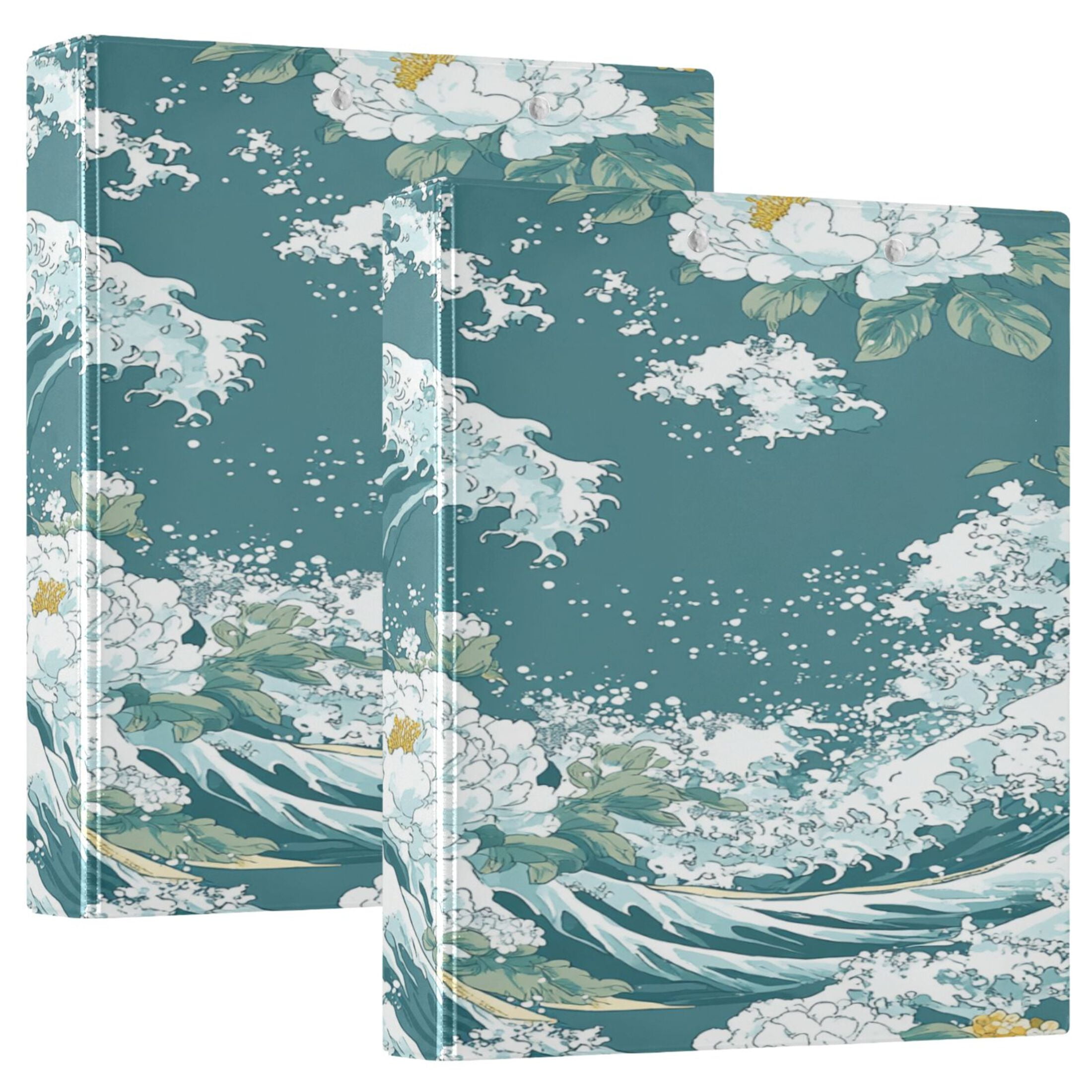 Blue and White Ocean Wave 12.4x10.6in PVC Round Ring Binders, 2-Pack, D ...