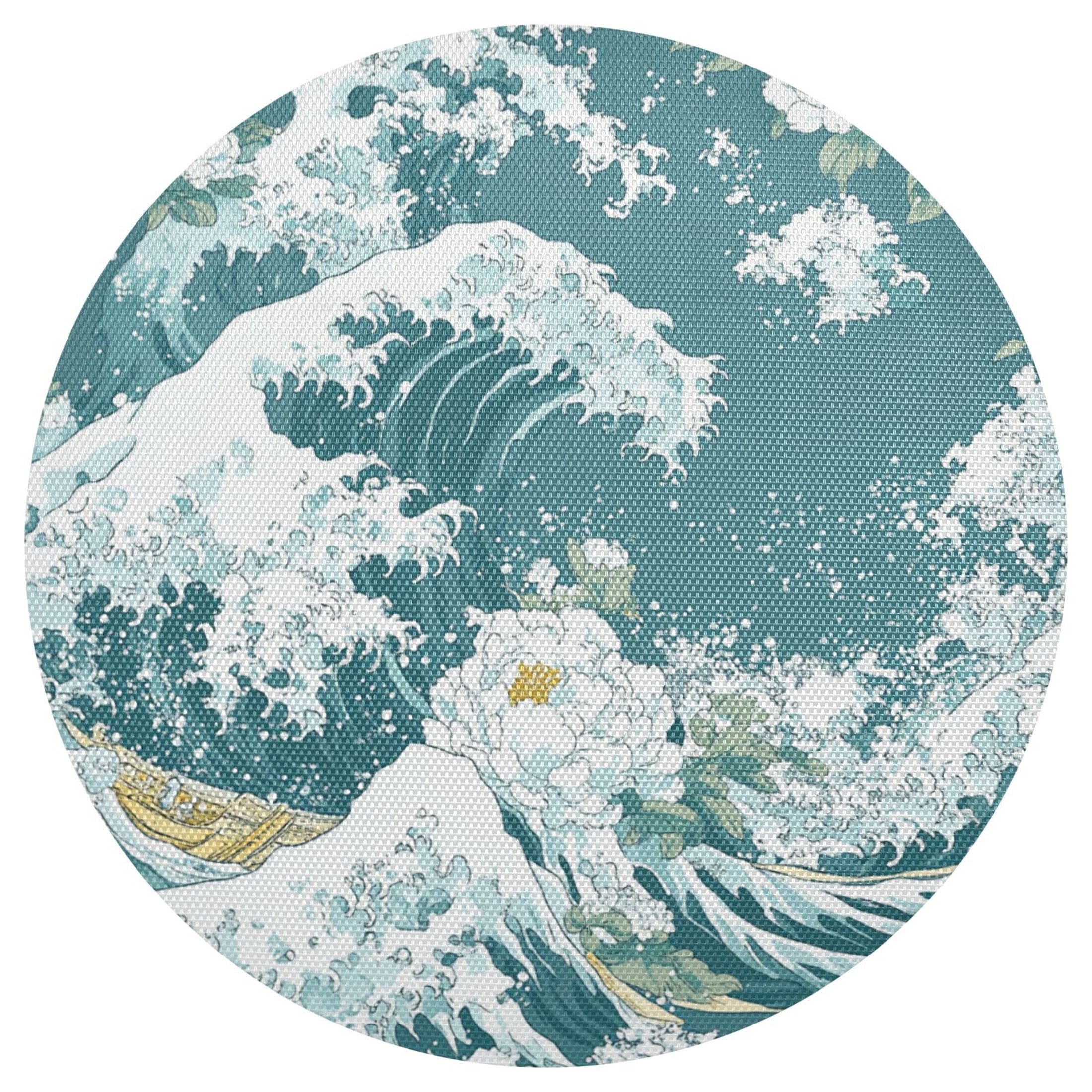 Blue and White Ocean Wave 15.4in Diameter PVC Plate Mat, Heat-Resistant ...