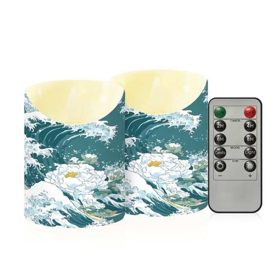 Blue and White Ocean Wave Flameless Candles 2 PCS with Remote Realistic ...