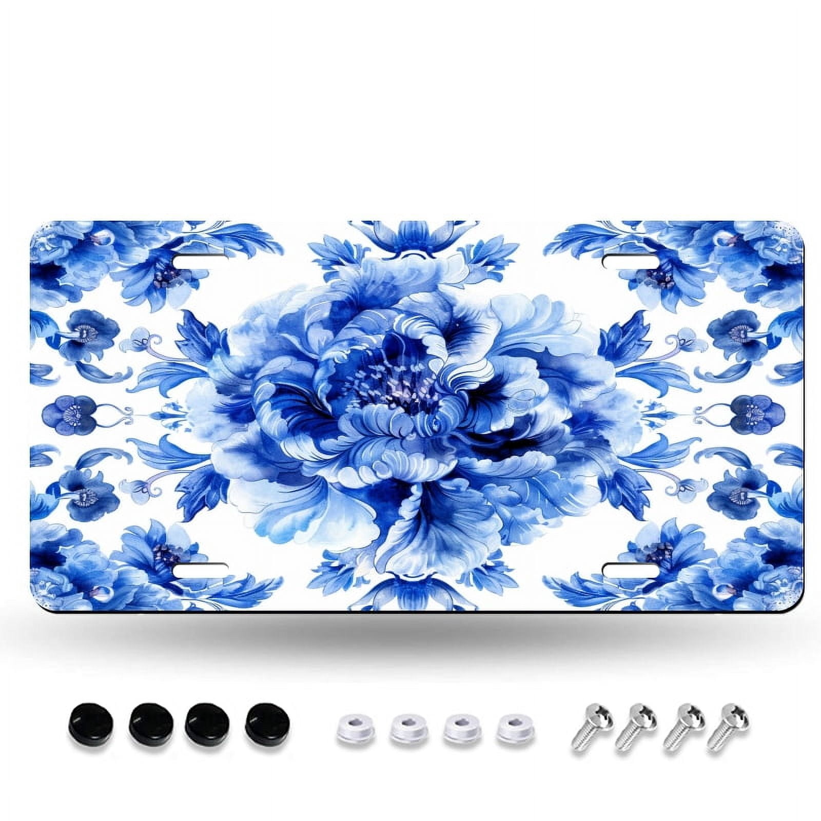 Blue and White Pattern with Peony Flowers License Plate Frame ...