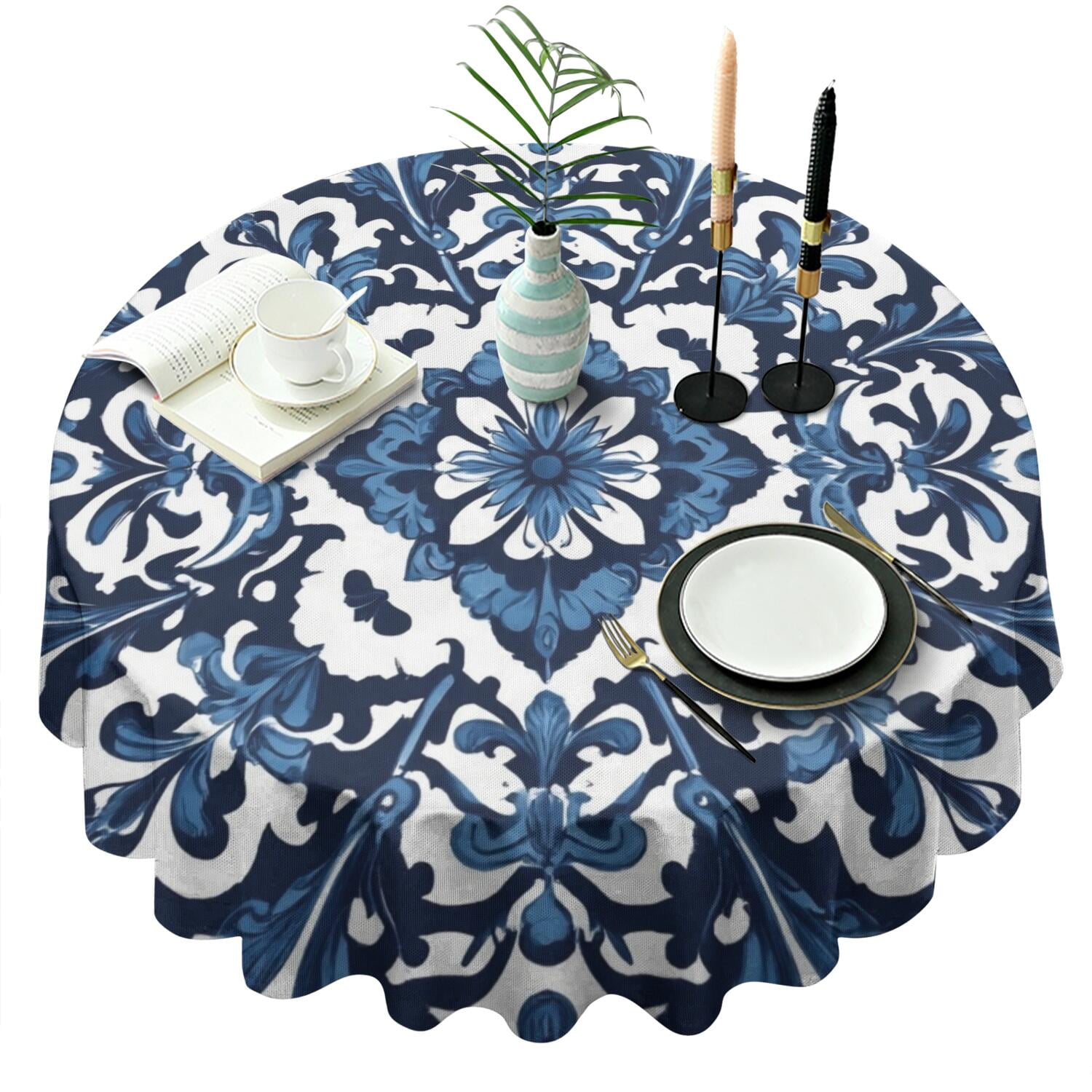 Blue and White Pioneer Flower Round Tablecloth 60" X 60",Wrinkle ...