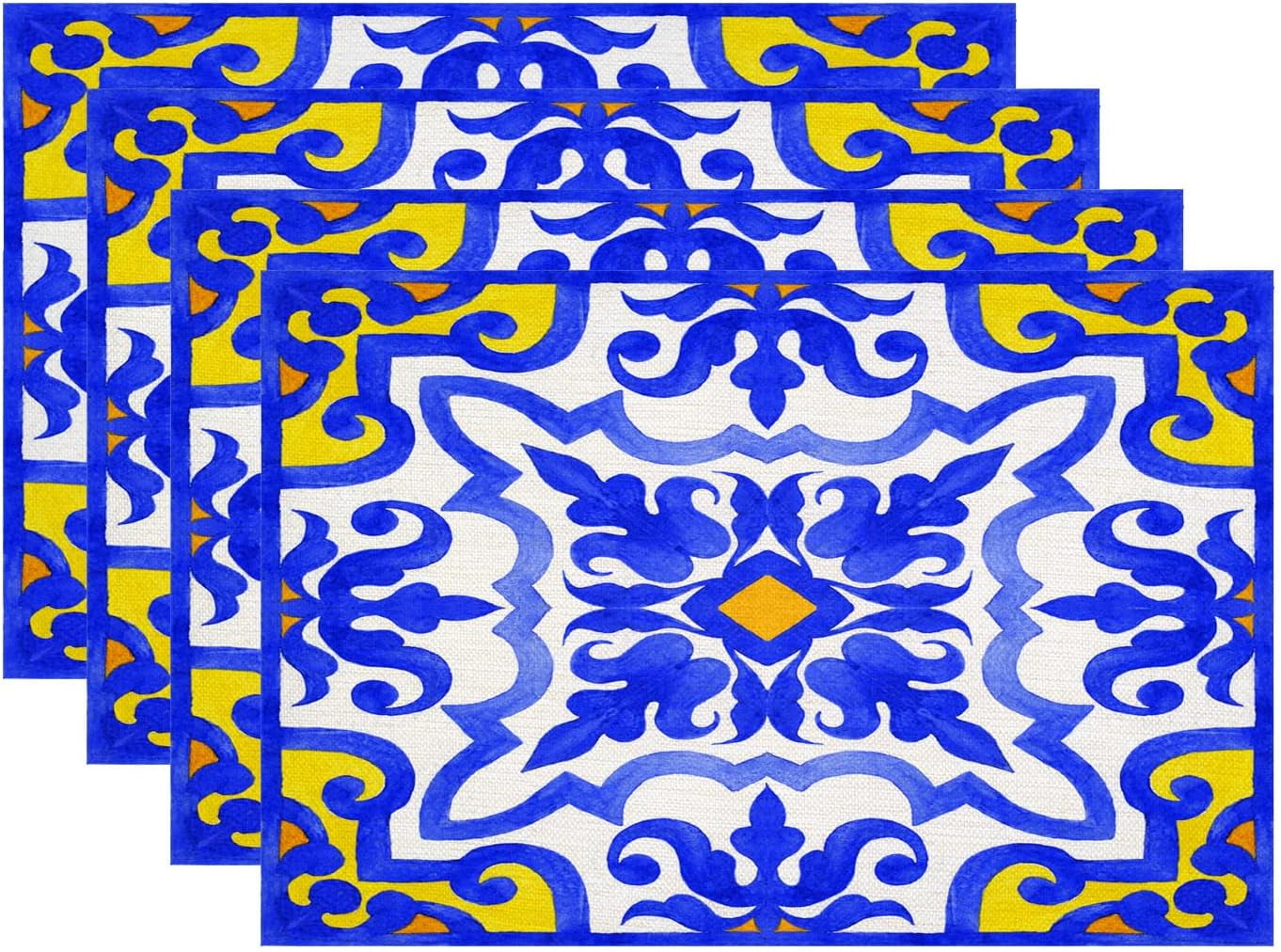 Blue and White Placemat,Navy and White Mediterranean Tile Pattern Linen ...