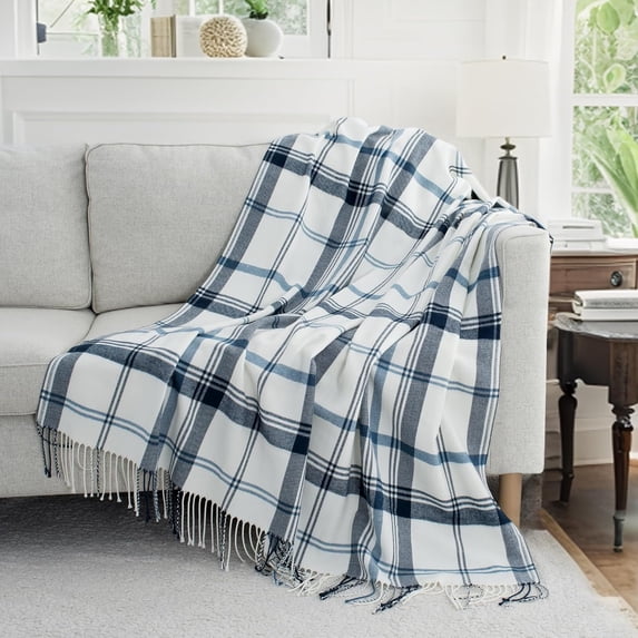 Blue and White Plaid Throw Blanket for Couch,50"X60" Soft Cozy Warm ...