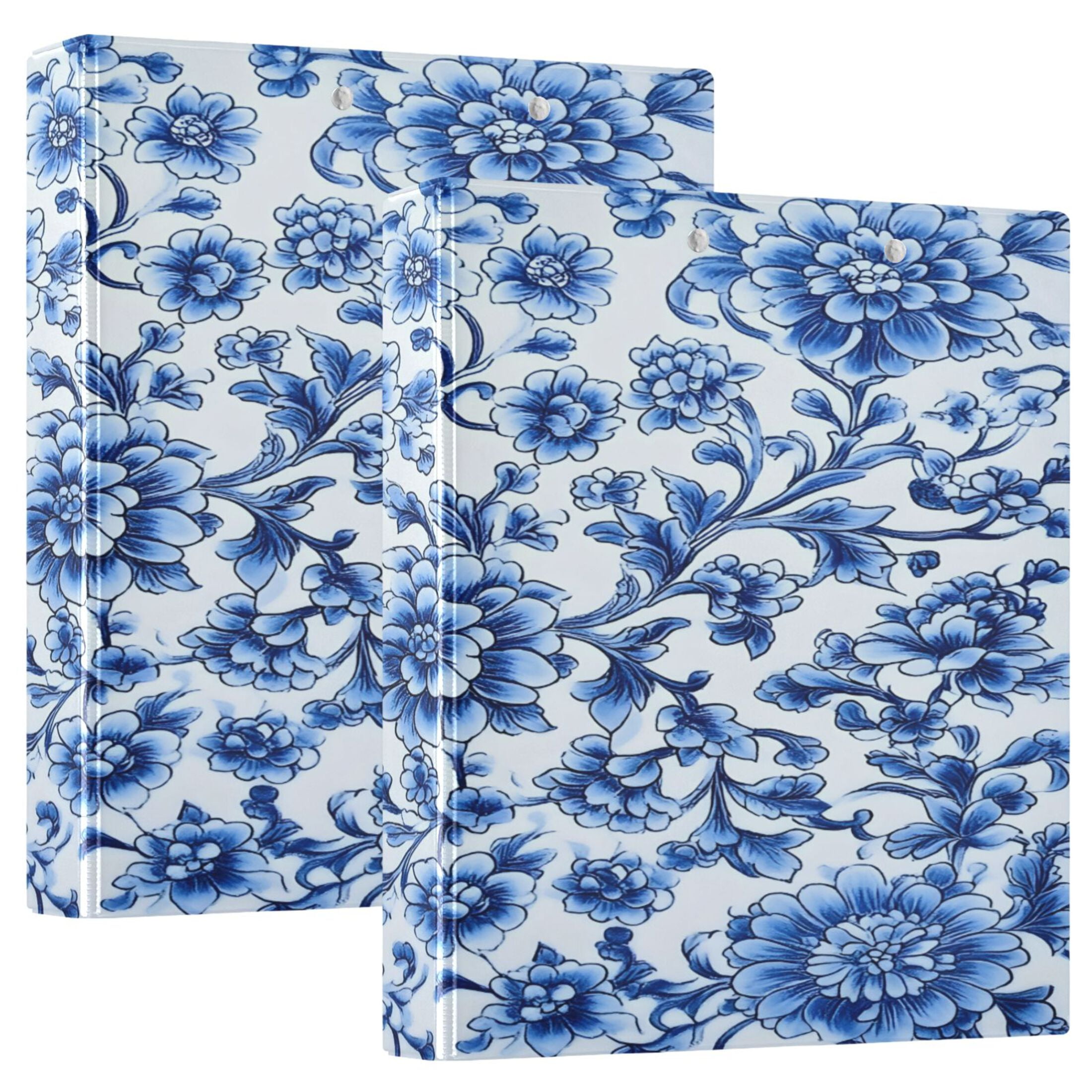 Blue and White Porcelain 12.4x10.6in PVC Round Ring Binder, D-Ring 3 ...