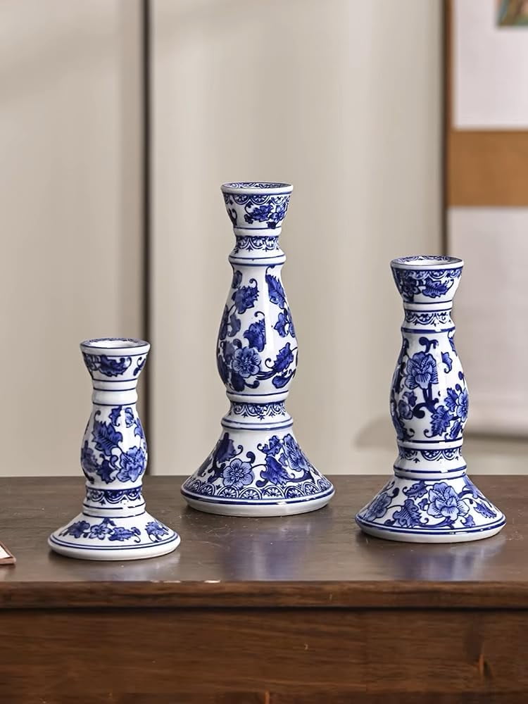 Blue and White Porcelain Ceramic House Candle Holder Chinese Traditonal Style Simple Home ...