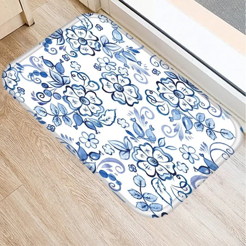 Blue and White Porcelain Kitchen Entrance Door Mat Coral Velvet Carpet ...