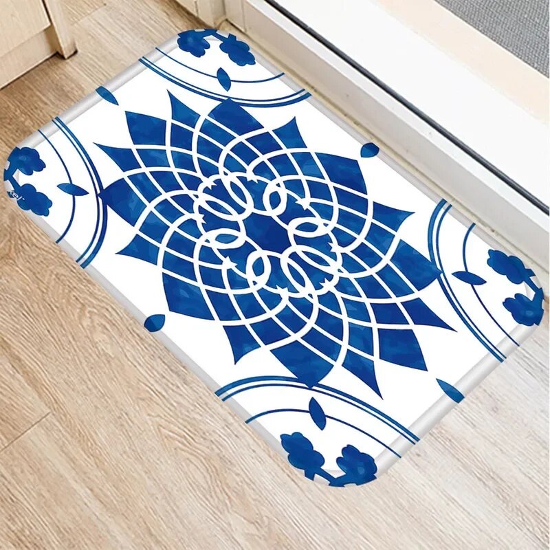 Blue and White Porcelain Kitchen Entrance Door Mat Coral Velvet Carpet ...