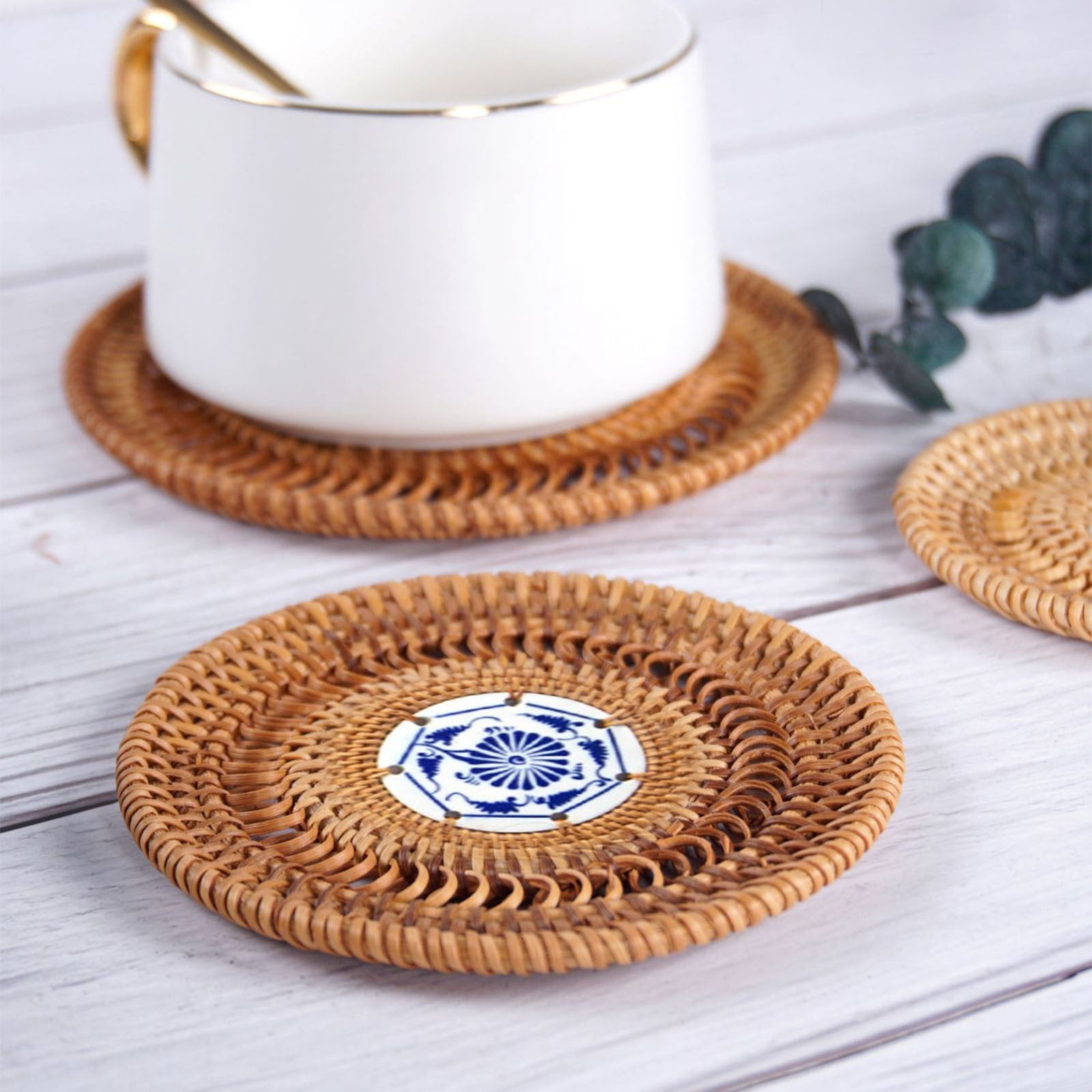 Blue And White Porcelain Piece Rattan Tea Coaster，Round Placemats ...