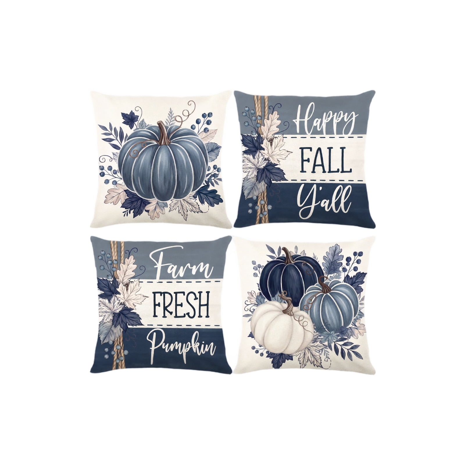 Blue and White Pumpkin Pillow Covers 4 Pack 18x18 Fall Decorative Throw ...