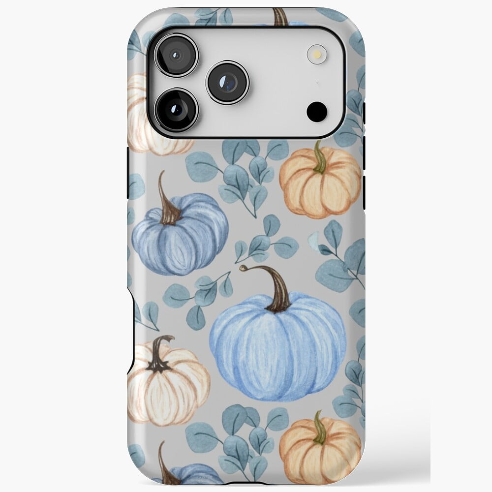 Blue and White Pumpkins with Gray Fall Foliage iPhone 11 through 17 Pro ...