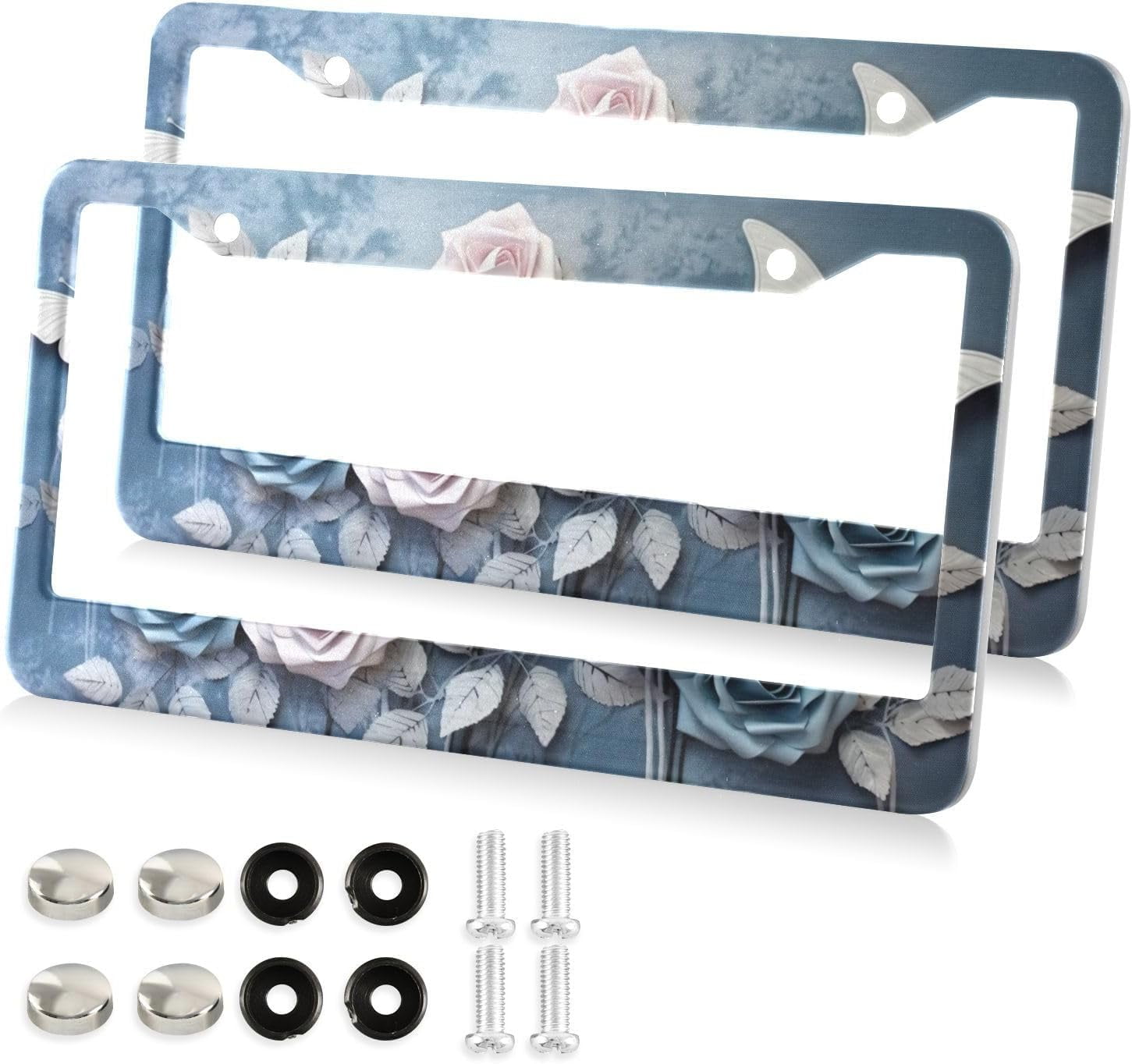 Blue and White Roses License Plate Frame, Aluminum Car Tag Frames, 2 ...