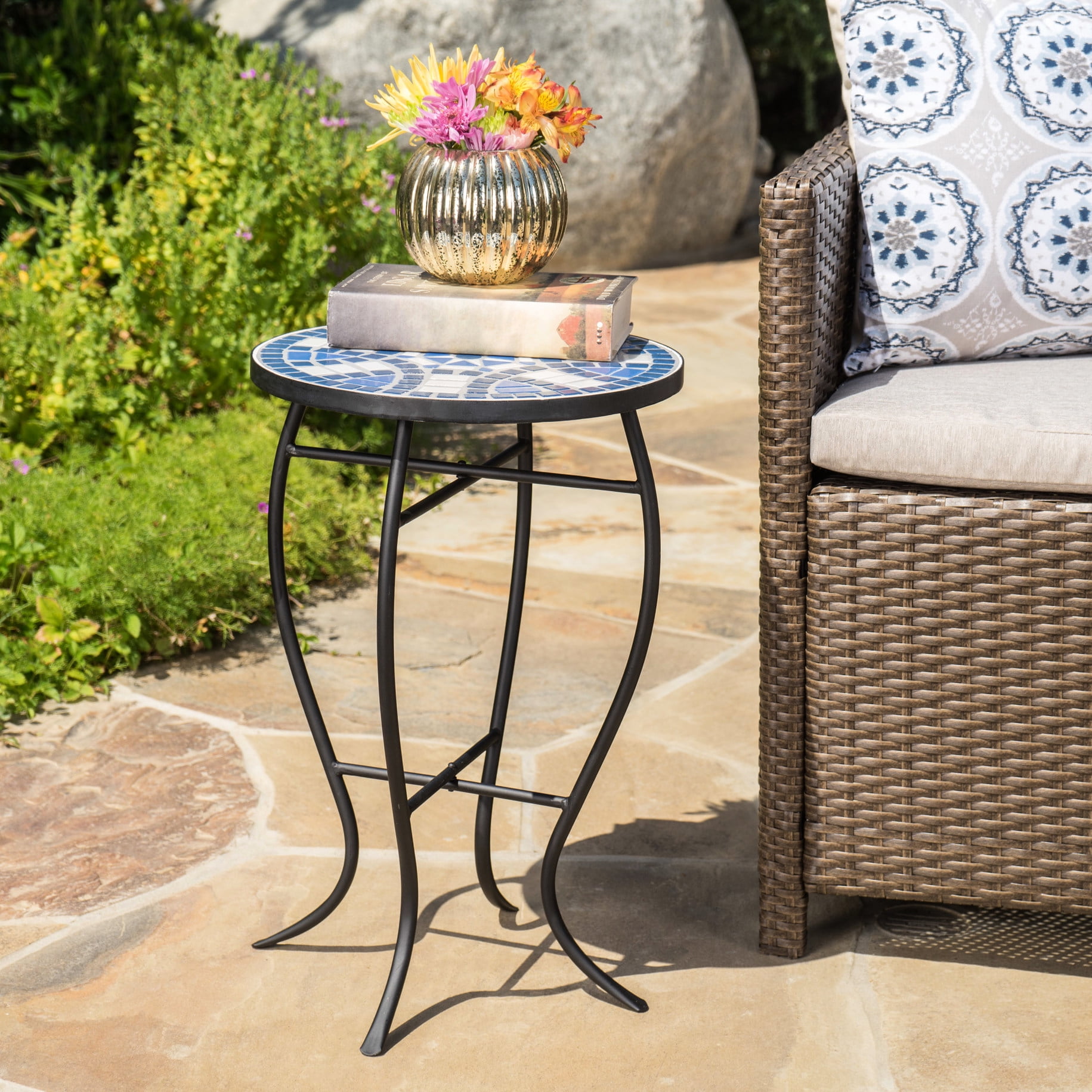 Blue and White Round End Table+Curved Iron Legs”-“Outdoor Book Reading ...