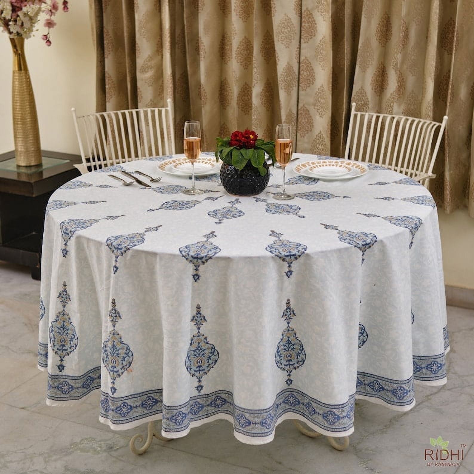 Blue and White Round Tablecloth, India Hand Block Print, Floral Cotton ...