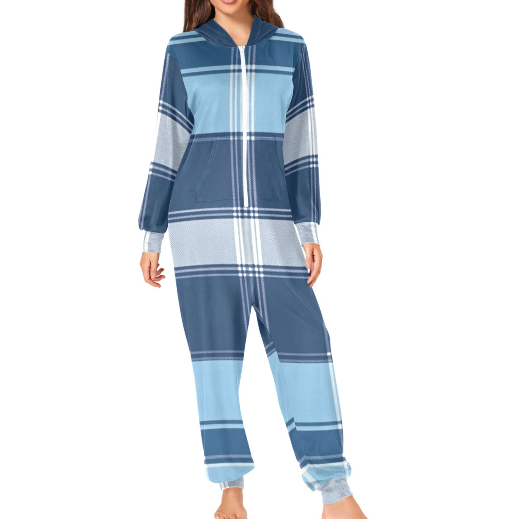 Blue and White Scottish Tartan Plaid Adult's Hoodie Onesie Jumpsuit One ...