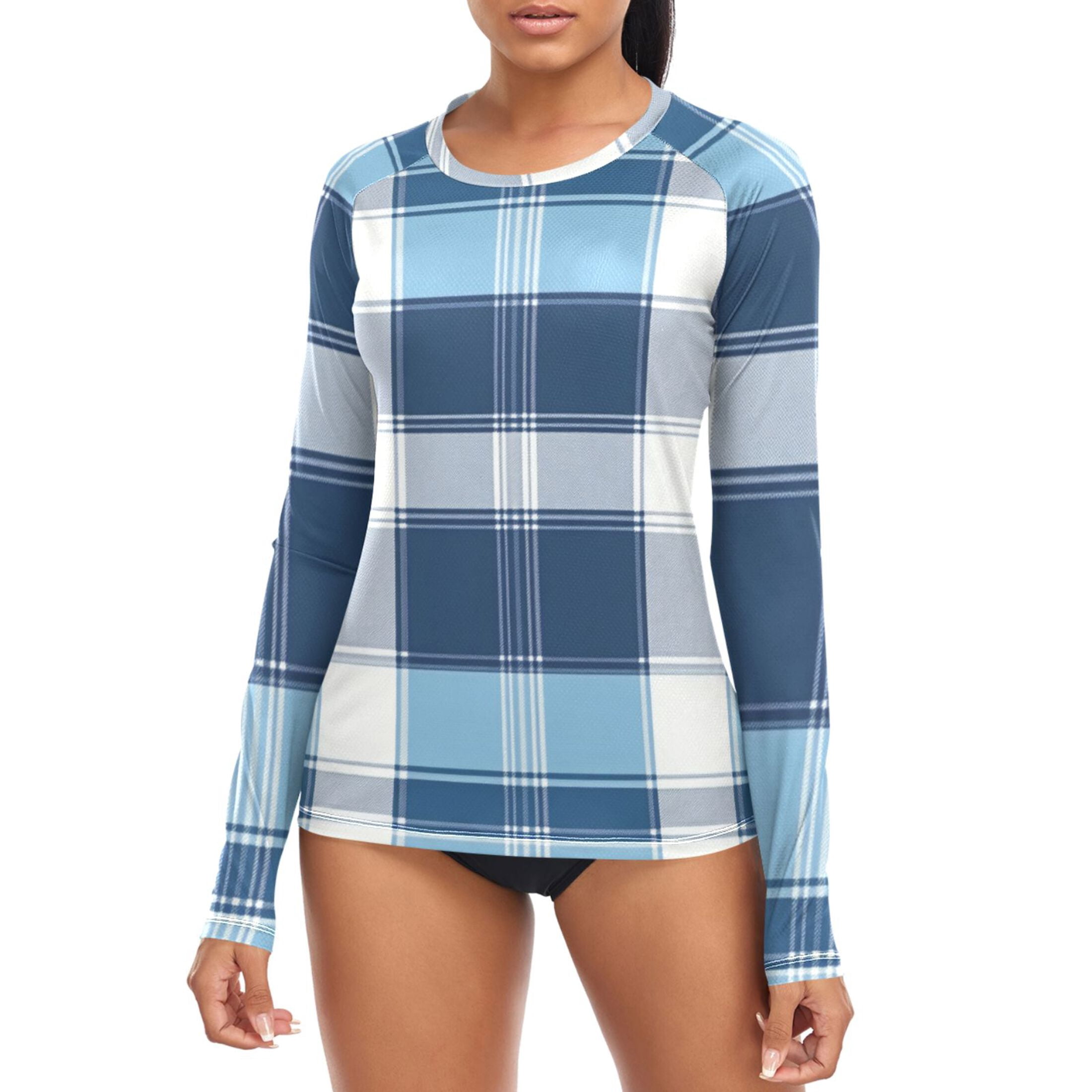 Blue and White Scottish Tartan Plaid Women's Rash Guard Shirts UPF 50 ...