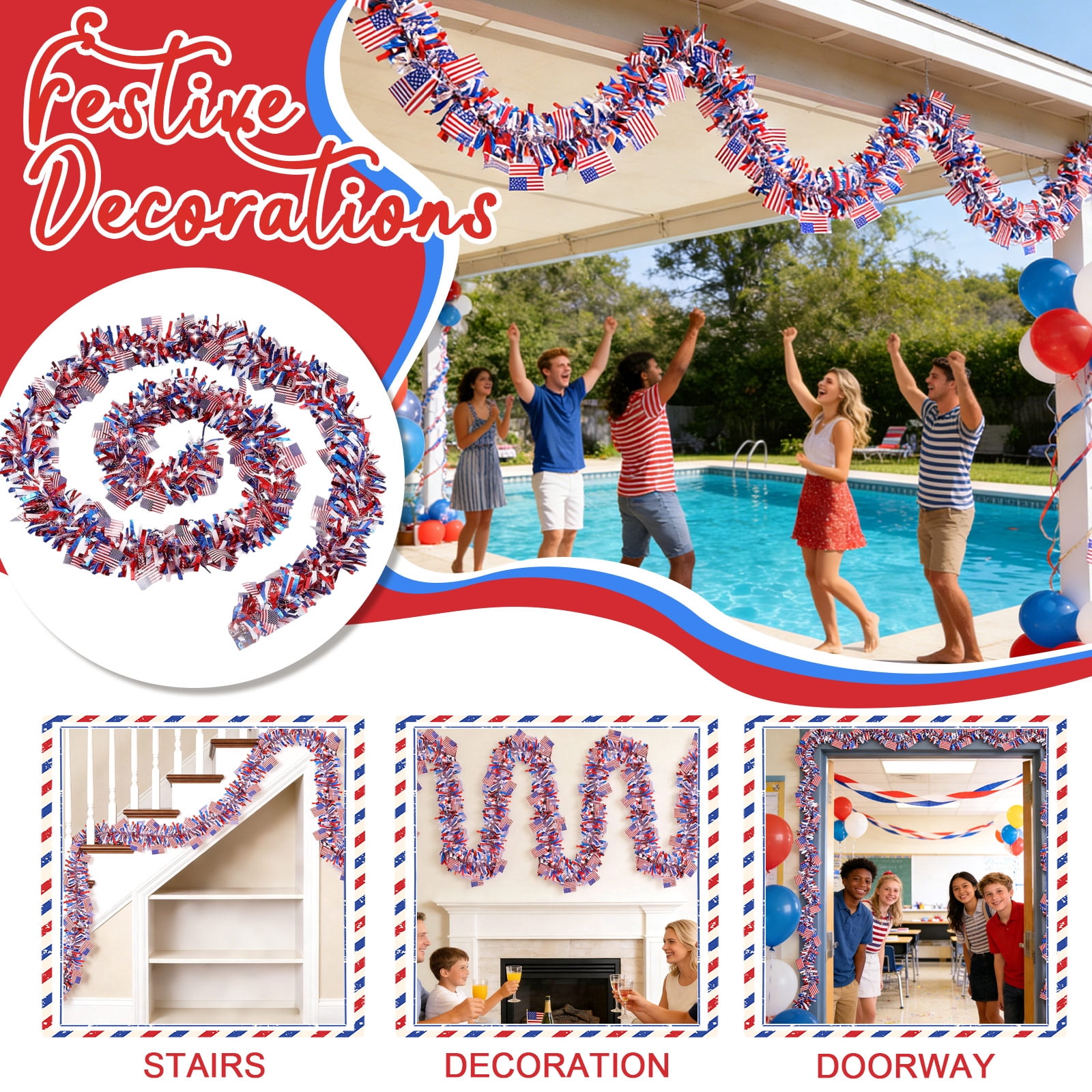 Red and White Streamers, Patriotic Decor, 78 in Length, Star Streamers ...