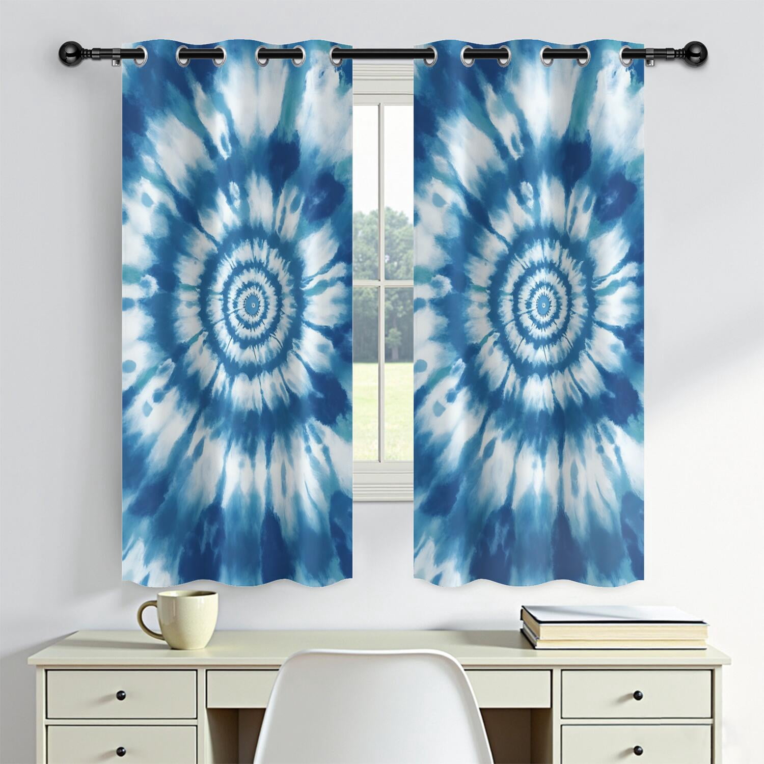 Blue and White Tie Dye Pattern Blackout Curtains,Triple Weaved Fabric ...