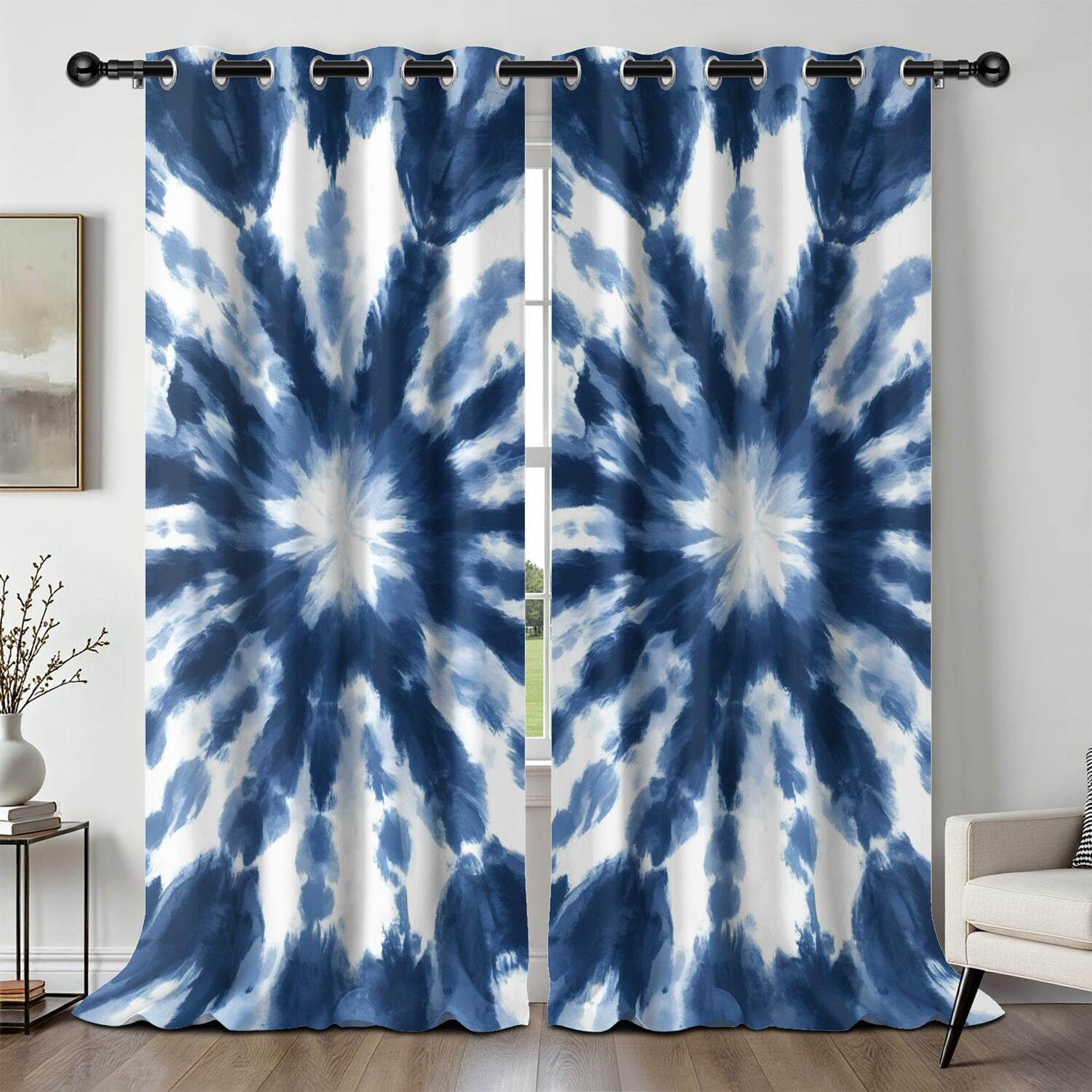 Blue and White Tie Dye Pattern Blackout Curtains,Triple Weaved Fabric ...