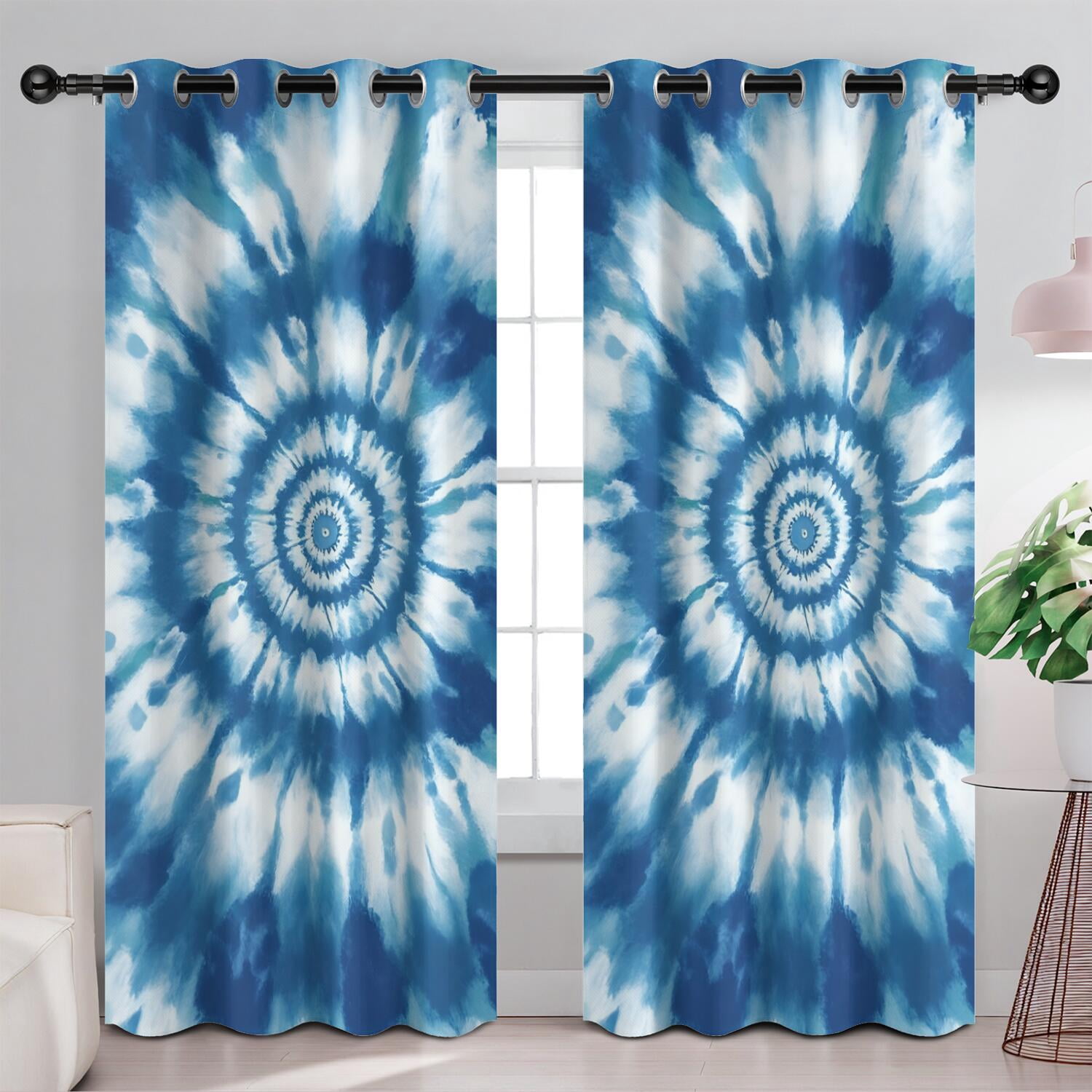 Blue and White Tie Dye Pattern Blackout Curtains,Triple Weaved Fabric ...