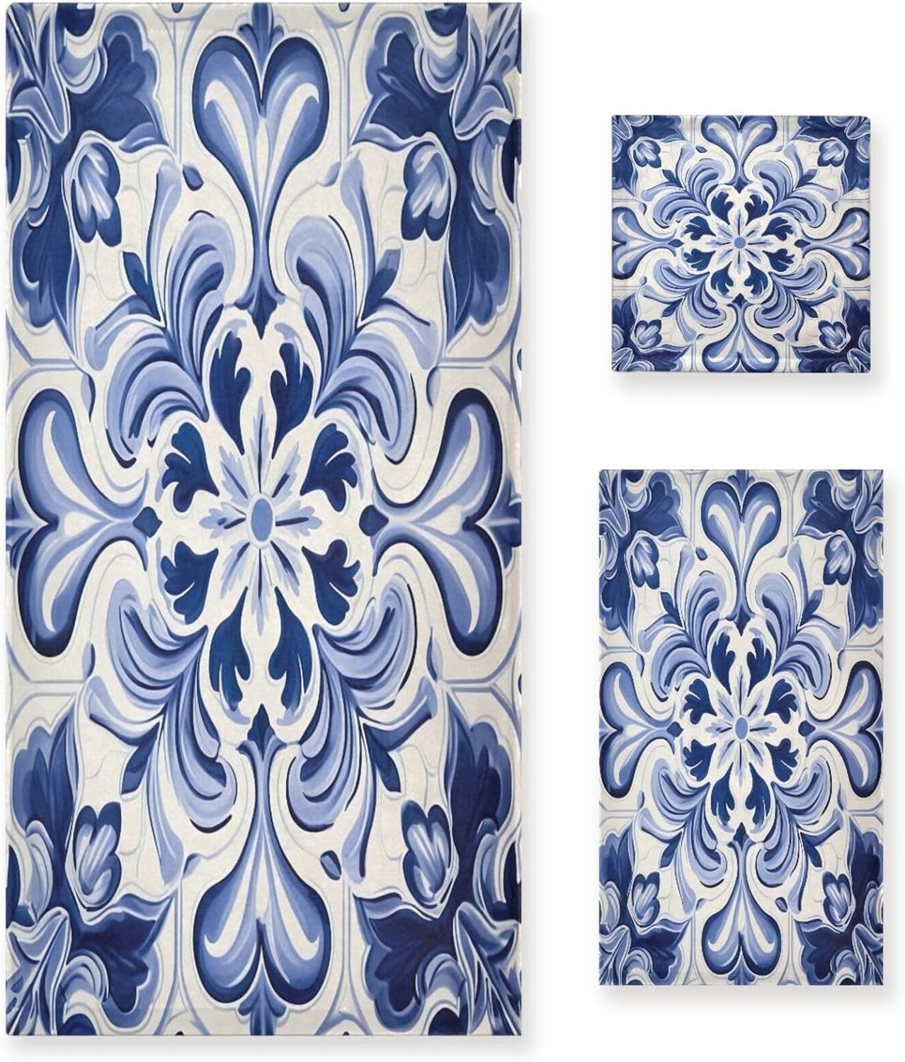 Blue and White Tile Bath Towels Absorbent Bath Towels Set Soft Towel ...
