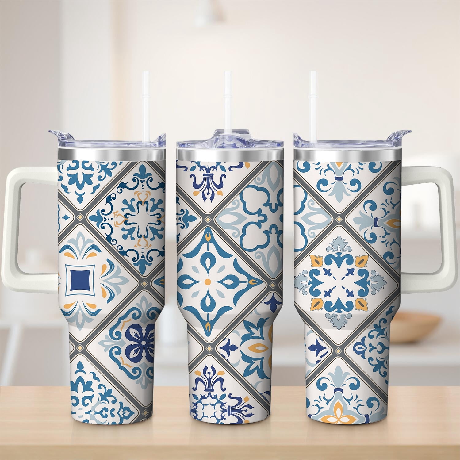 Blue and White Tile Pattern Stainless Steel Insulated Mug with Lid and ...