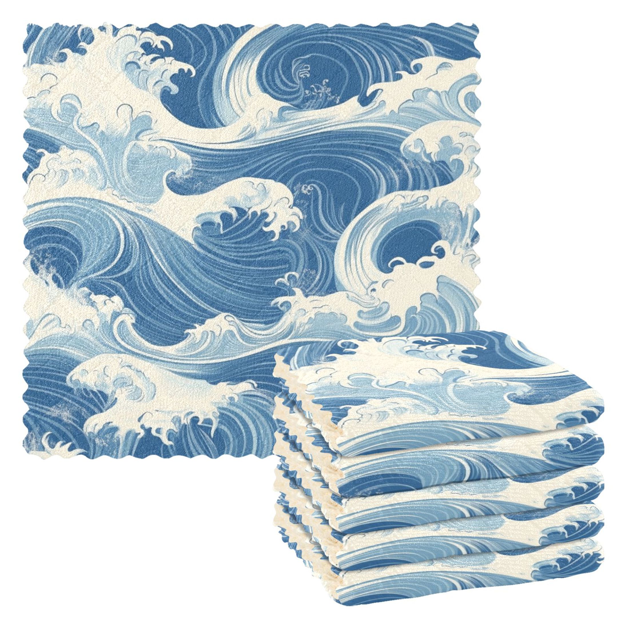 Blue and White Wave Kitchen Cloth Dish Towels for Drying Washing ...