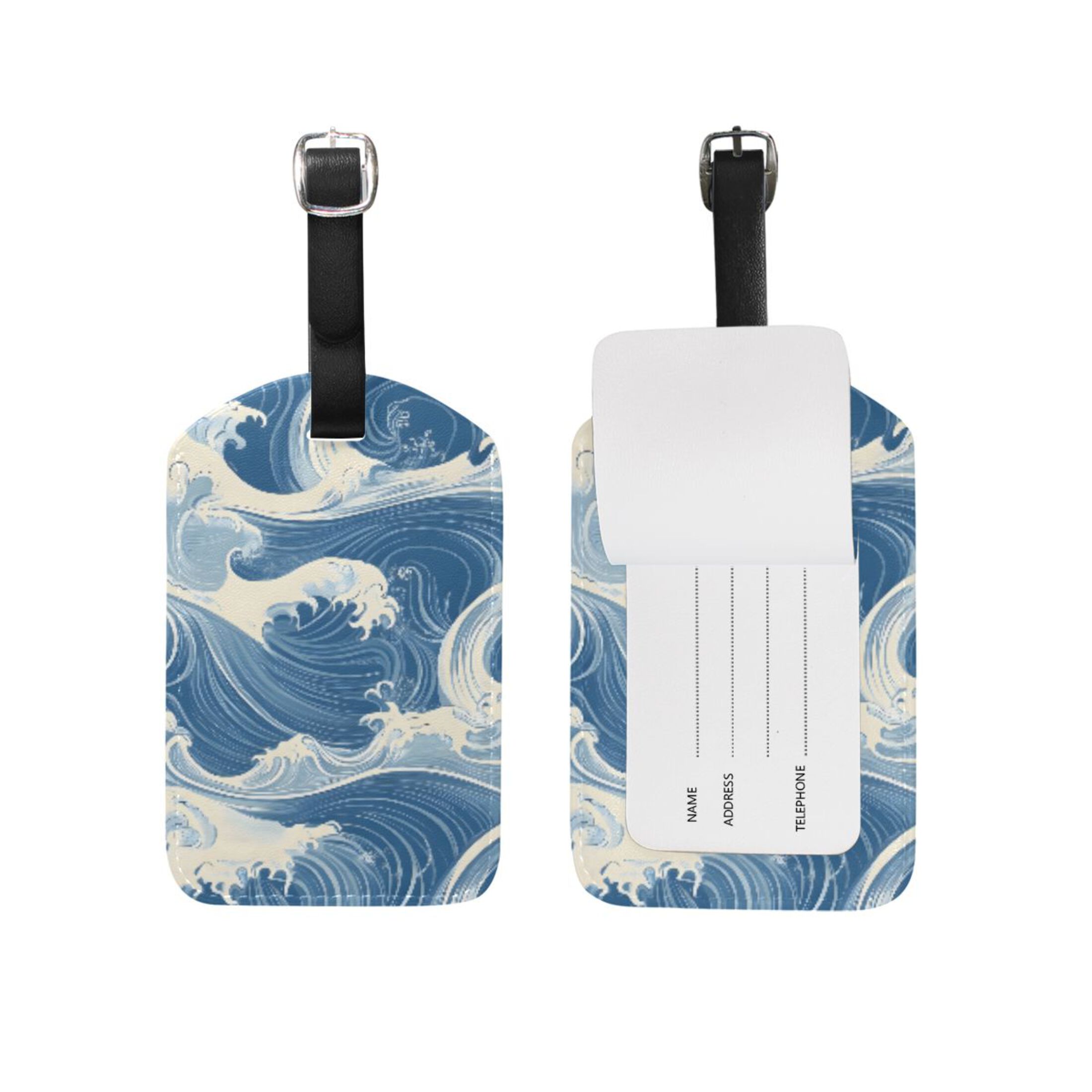 Blue and White Wave Luggage Tags PU Leather Name ID Labels for Suitcase ...