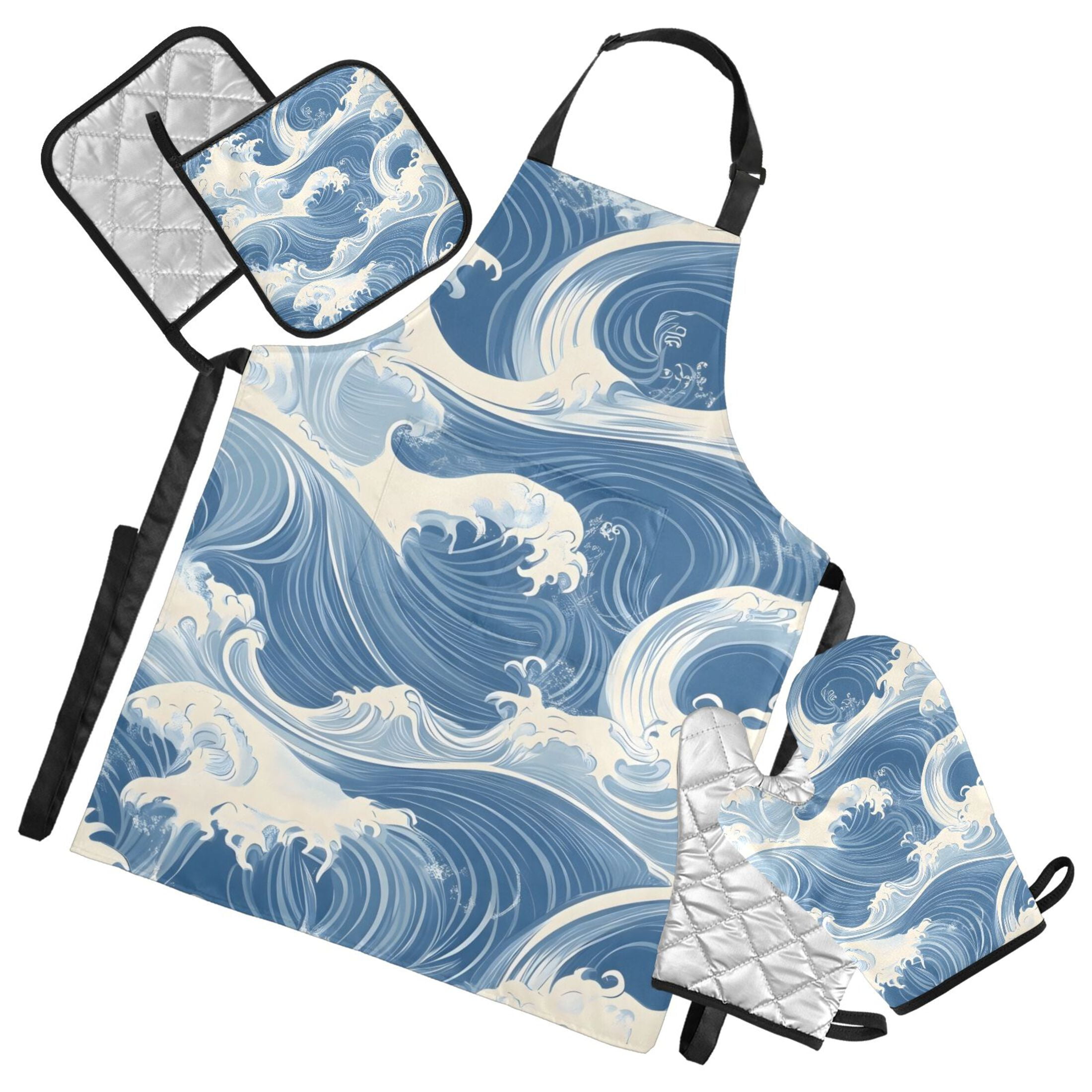 Blue and White Wave Oven Mitts and Pot Holders with Chef Apron Set 5 ...