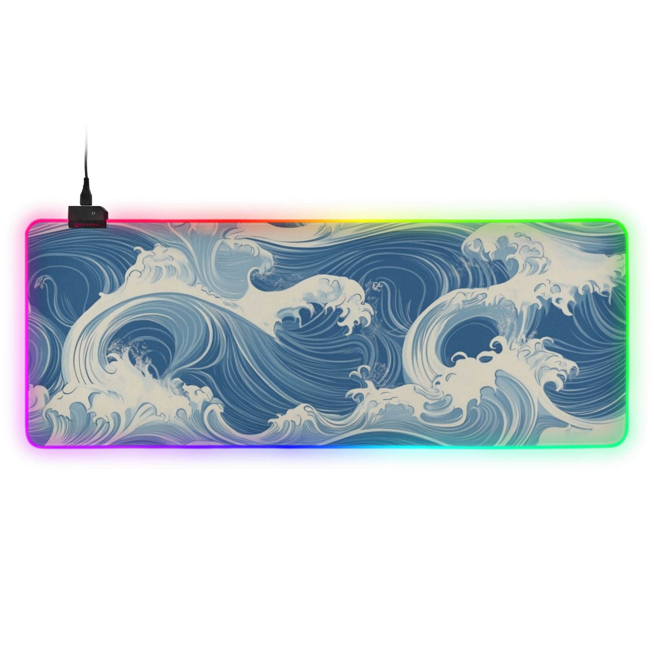 Blue and White Wave RGB Gaming Mouse Pad Large Keyboard Mat Rubber Base ...