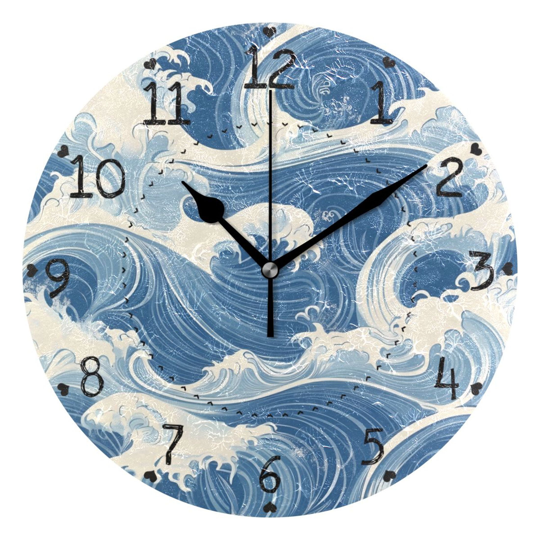 Blue and White Wave Round Wall Clock Silent Battery Operated Home Decor ...