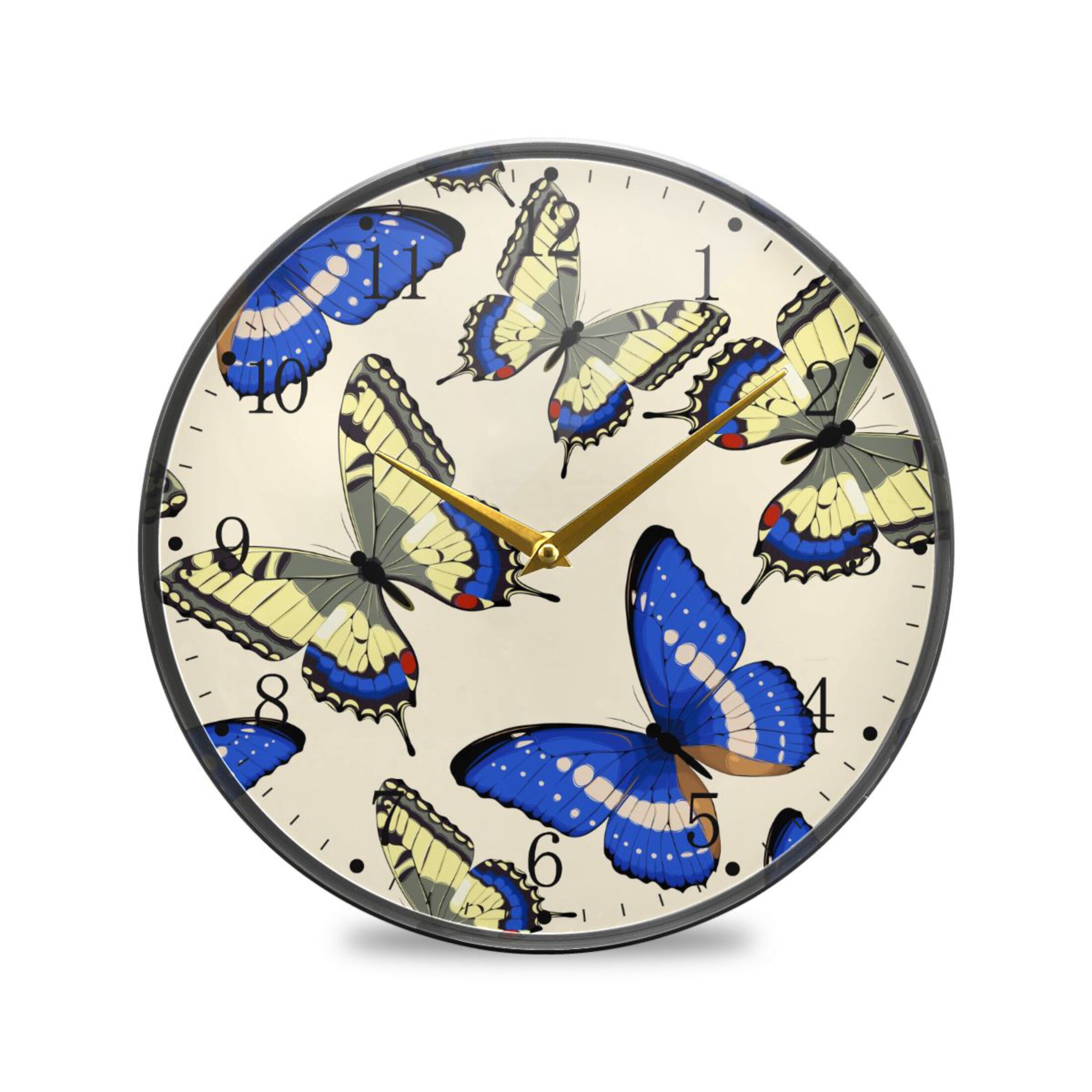 Blue and Yellow Butterflies Acrylic Wall Clocks Quiet Round Clock ...