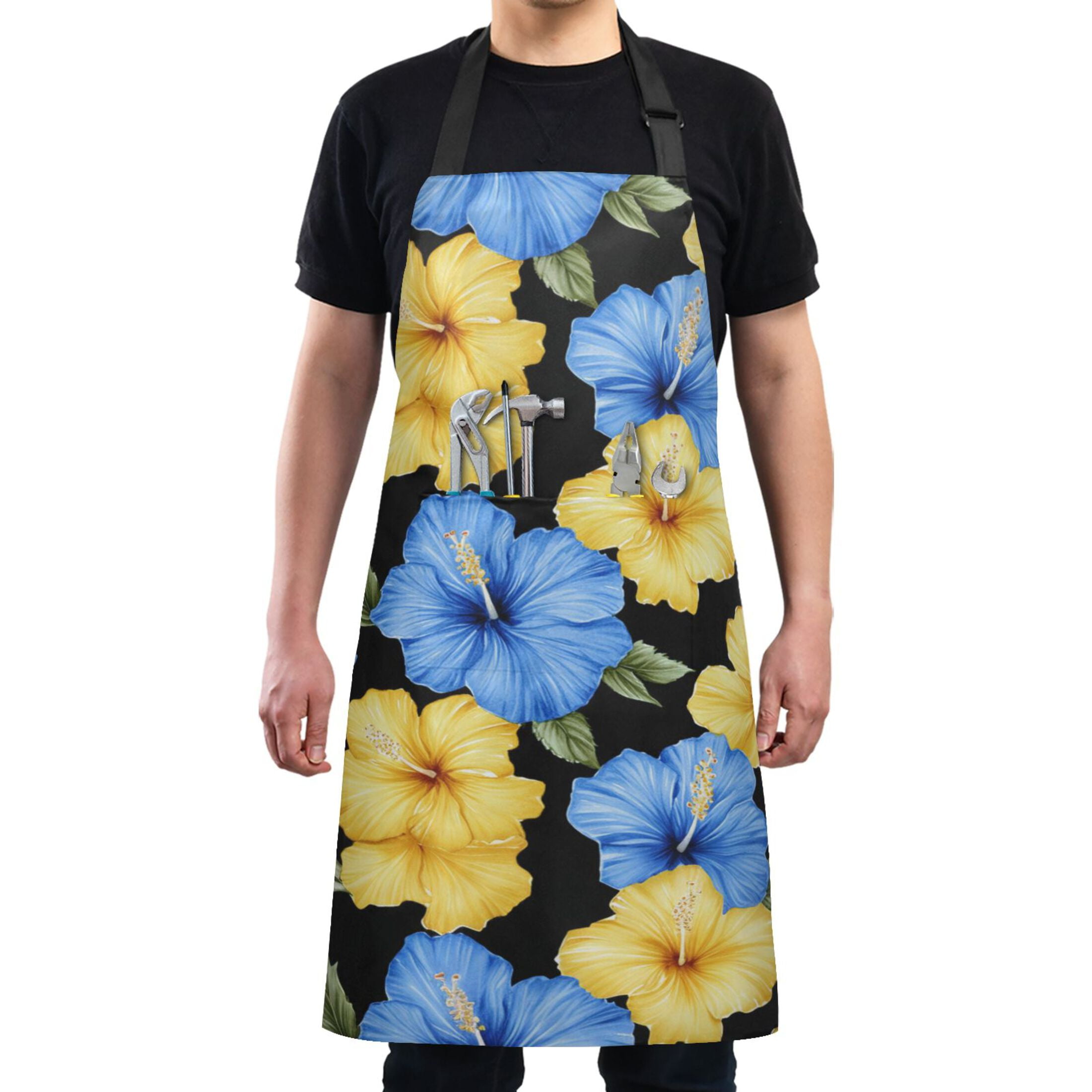 Blue and Yellow Floral Chef Kitchen Apron with Pockets for Women ...