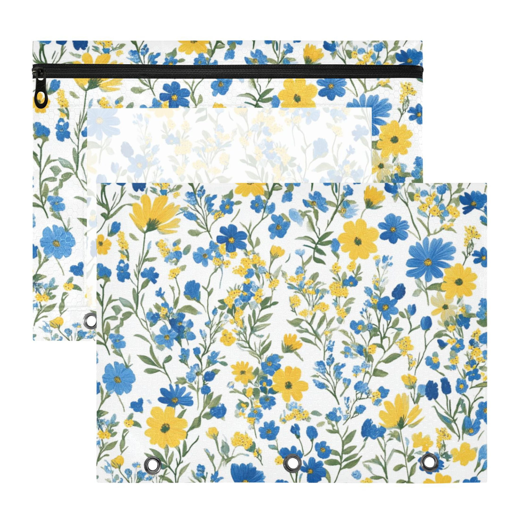 Blue and Yellow Florals Watercolor 3-Ring Binder Pouches A4 Size Zipper ...