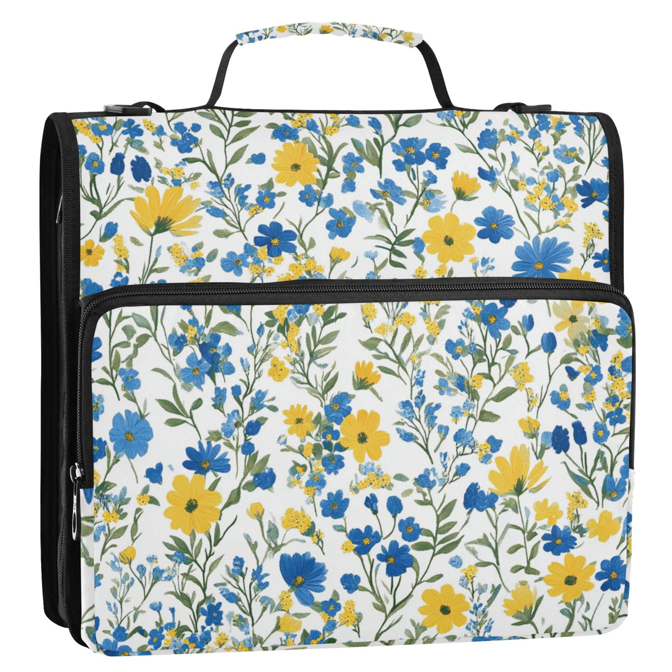 Blue and Yellow Florals Watercolor Binder Bag with Shoulder Strap 3 ...