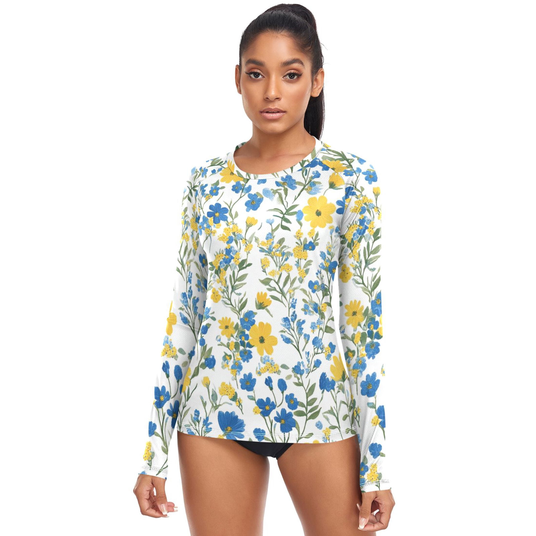 Blue and Yellow Florals Watercolor Women's Rash Guard Shirts UPF 50 ...