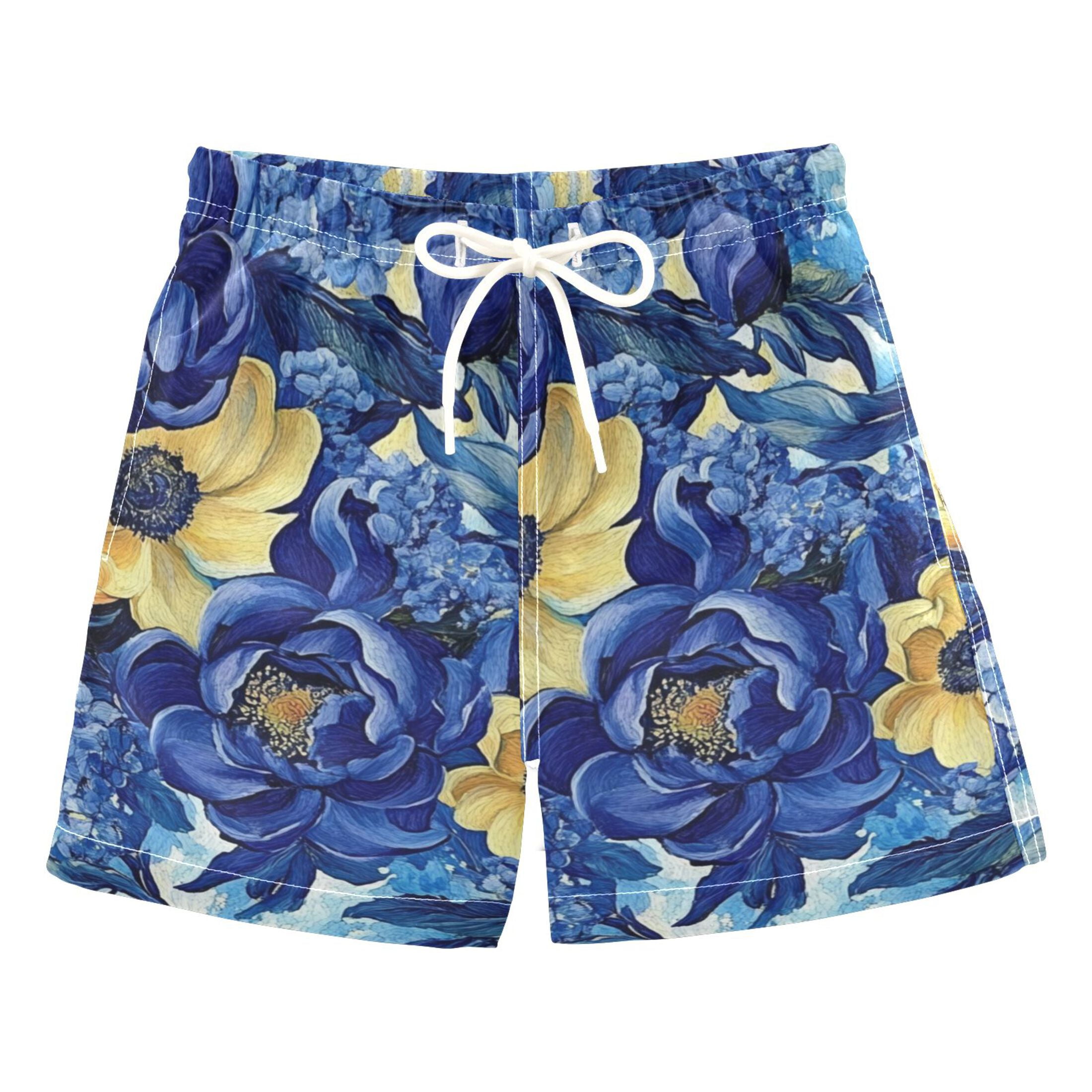 Blue and Yellow Flowers Boys Swim Trunks Quick Dry Boy Swim Shorts for ...