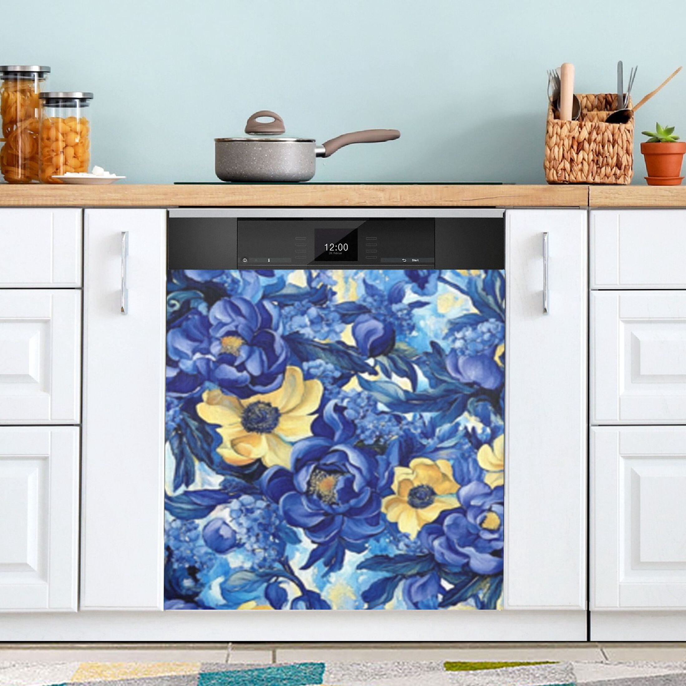 Blue and Yellow Flowers Dishwasher Magnet Cover Reuseable Refrigerator ...