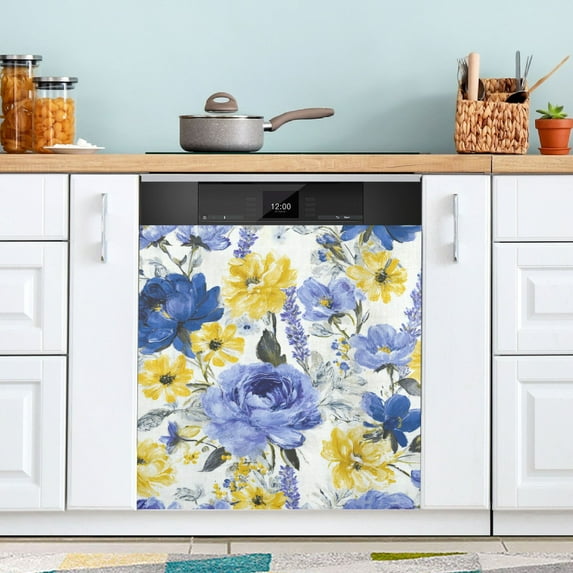 Blue and Yellow Flowers Elegant Texture Dishwasher Magnet Refrigerator ...