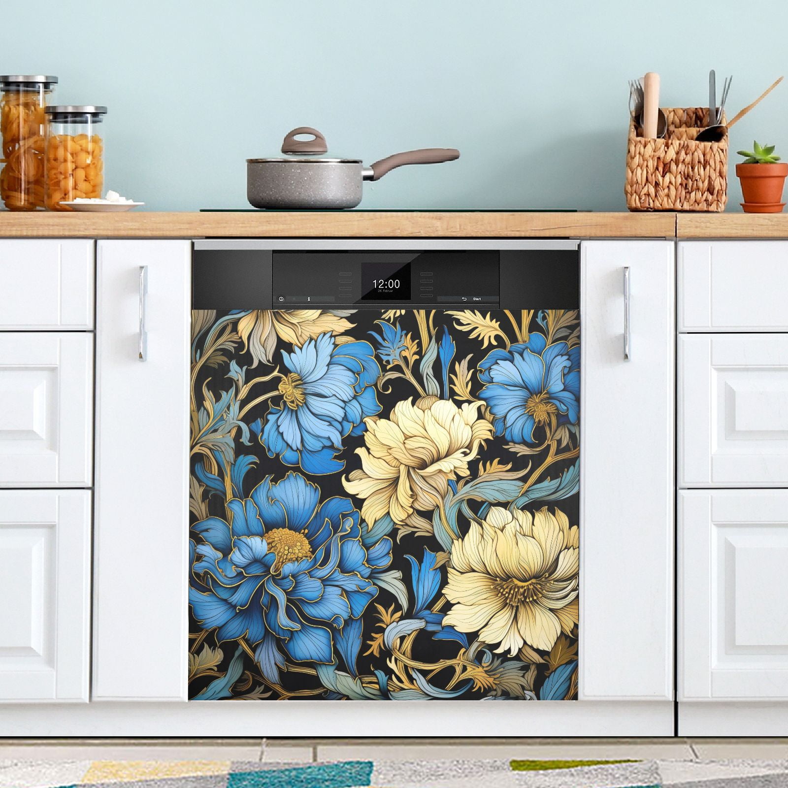 Blue and Yellow Flowers Magnetic Dishwasher Cover Magnet Refrigerator ...