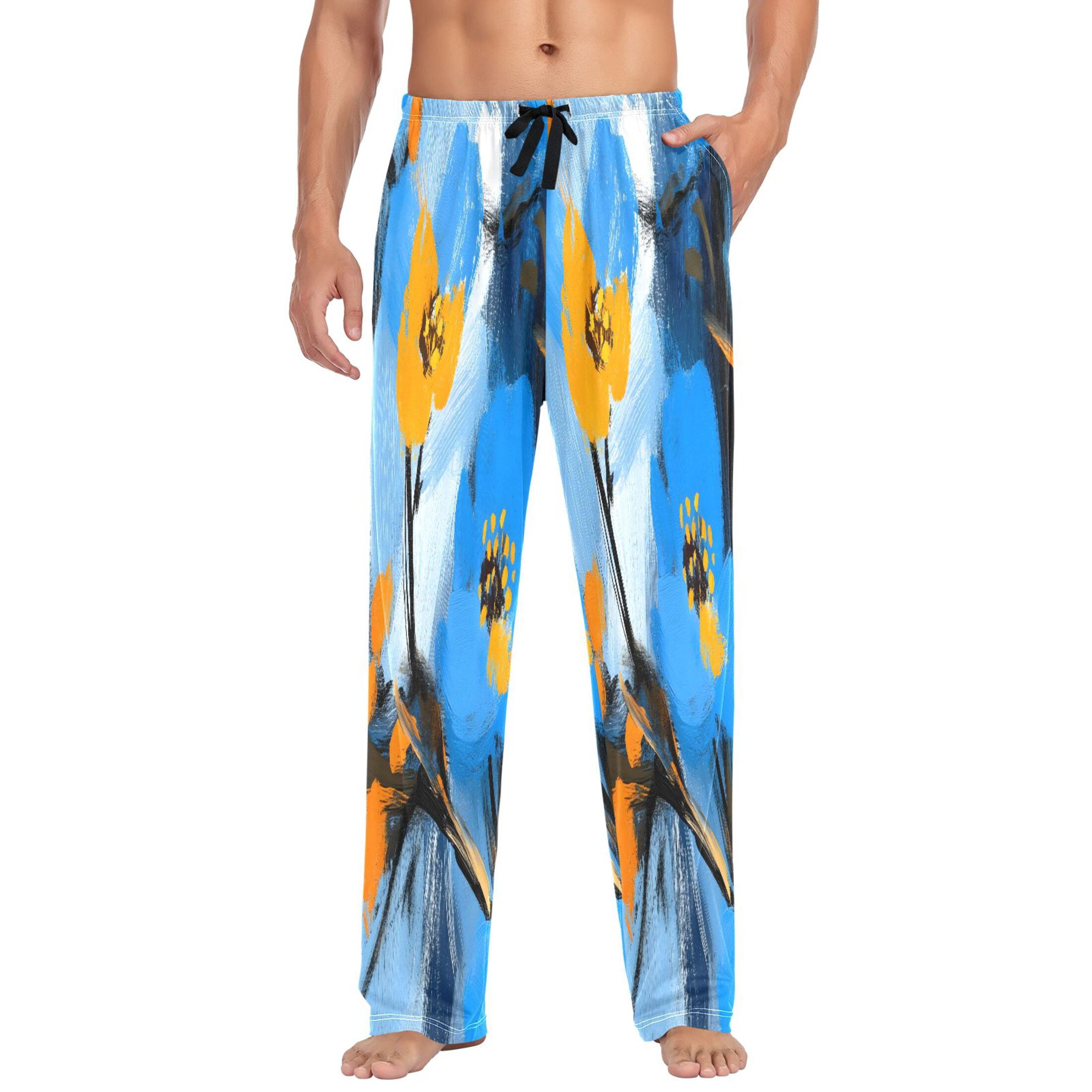 Blue and Yellow Flowers Mens Cotton Pajama Pants Long Staple ...