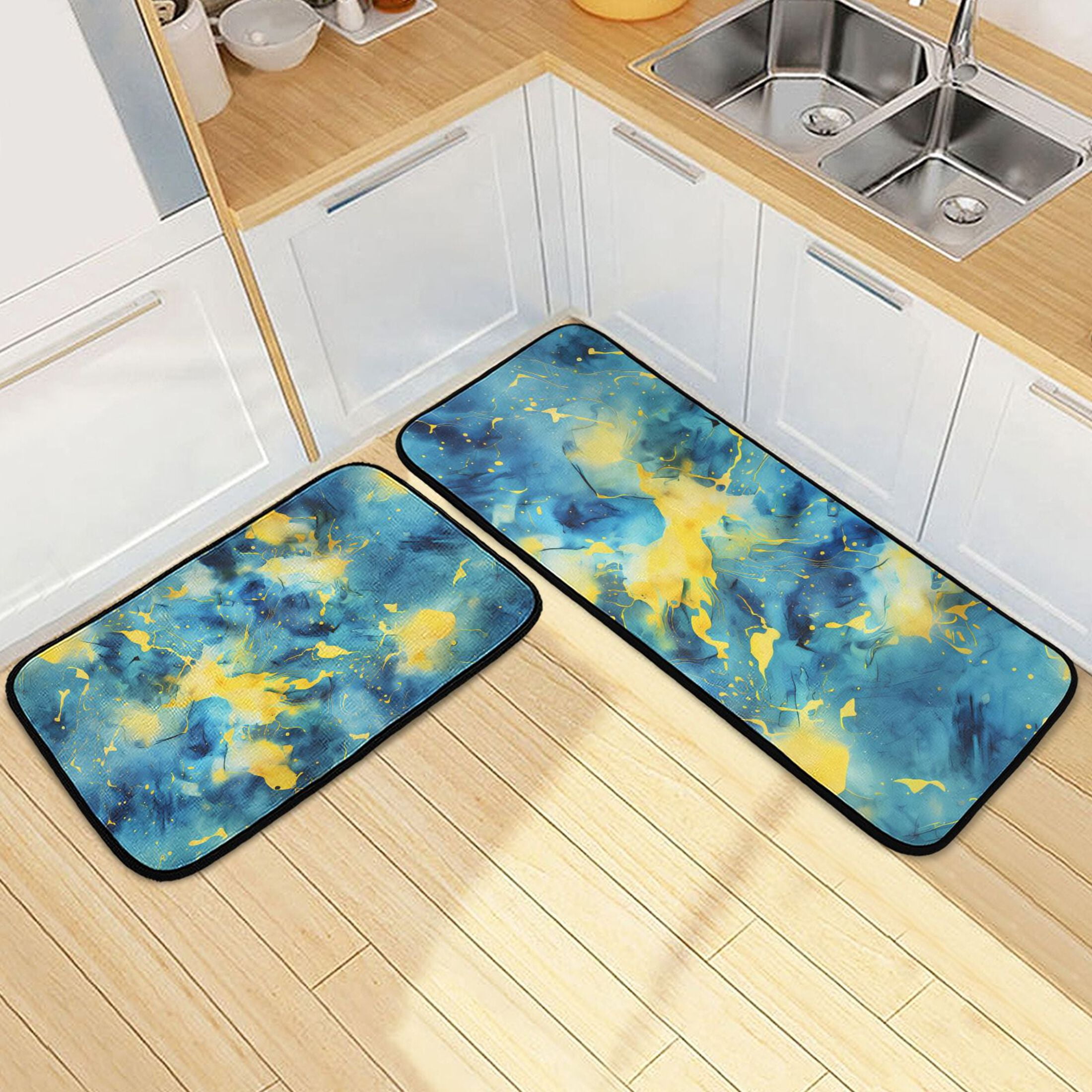 Blue and Yellow Kitchen Rugs Set of 2 Non Slip Floor Foam Mat Cushioned ...