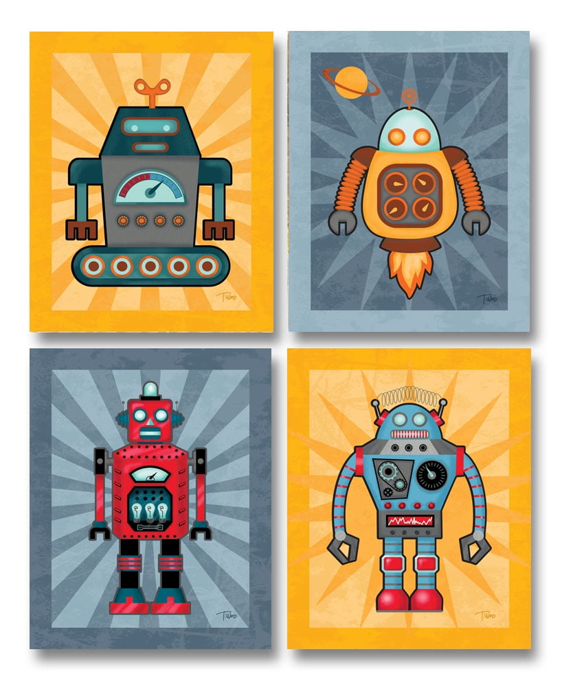 Blue and Yellow Robot Set Kids Room Decor; 2 - 11" x 14" Unframed ...